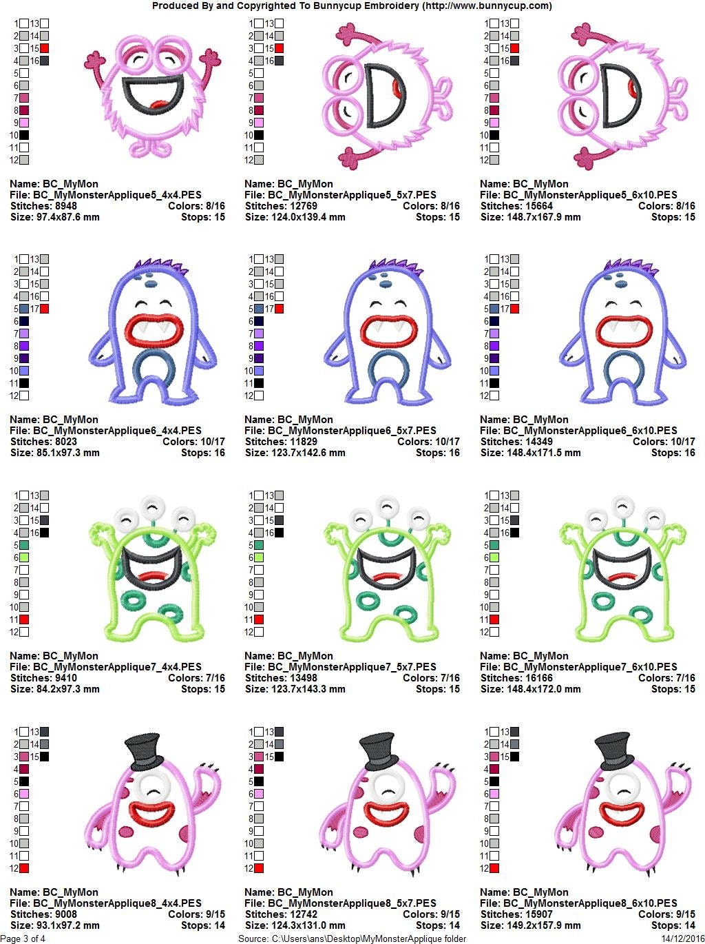 My Monster Applique - 13 Machine Embroidery Designs - 4x4 5x7 6x10 Inch ...