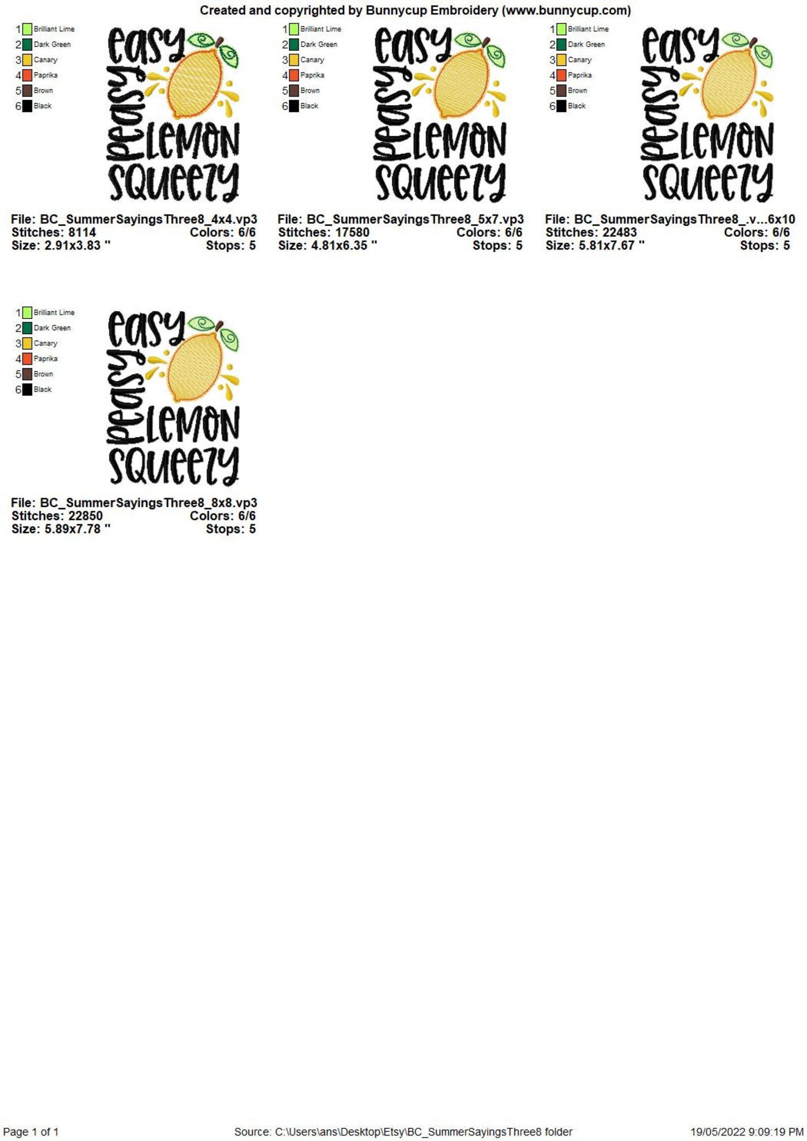 Easy Peasy Lemon Squeezy - Machine Embroidery Design - 4x4 5x7 6x10 8x8 ...