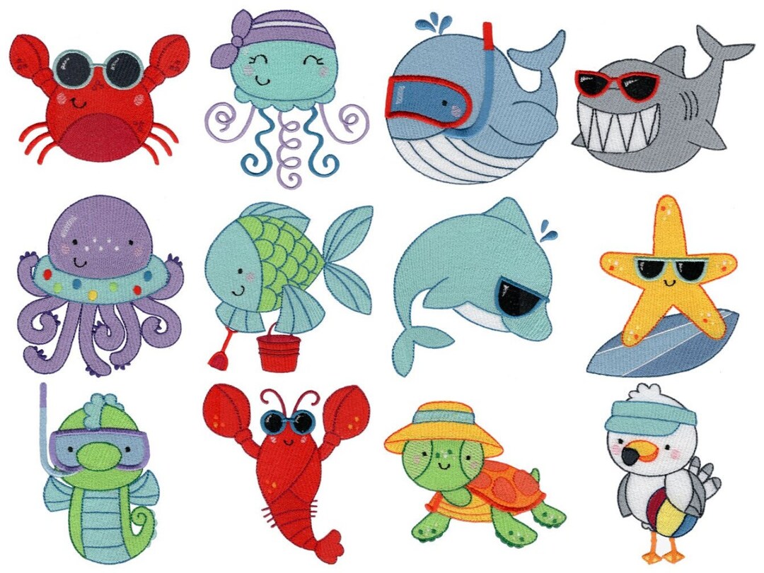 Fun Sea Creatures - 12 Machine Embroidery Designs - 3, 4 & 5 Inch Sizes ...