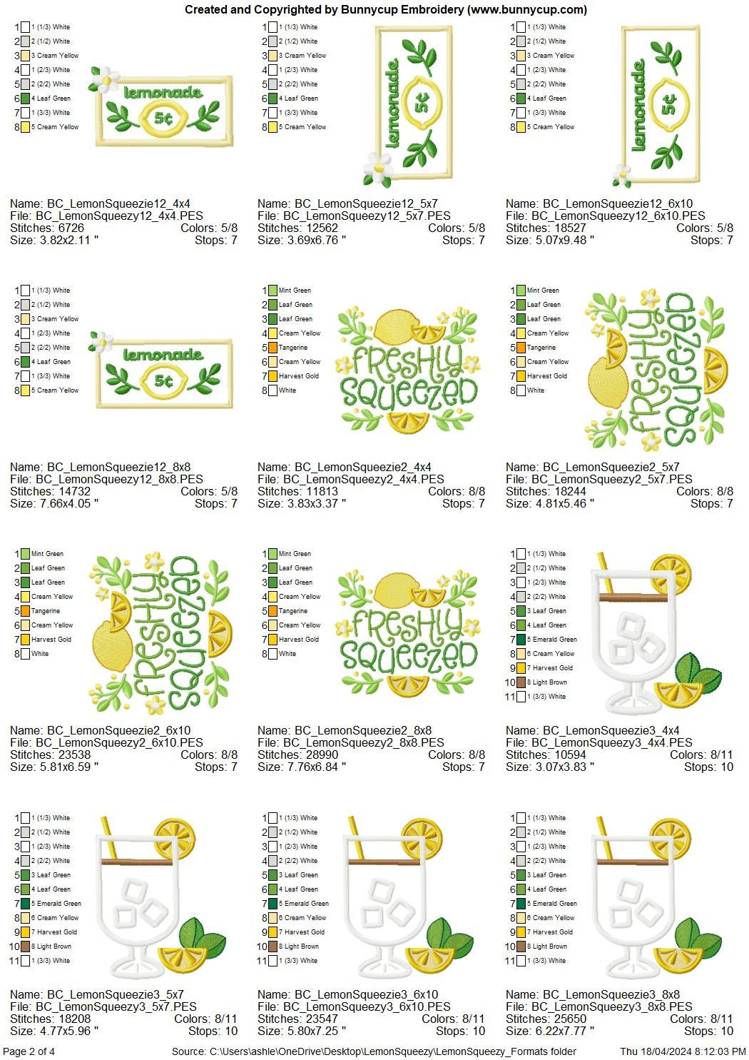 Lemon Squeezy - 12 Machine Embroidery Designs - 4x4 5x7 6x10 8x8 Hoop ...