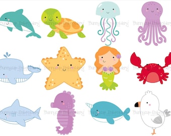 Sea Life Clipart Set. Ocean Animals and Summer Clipart Bundle - Etsy Israel