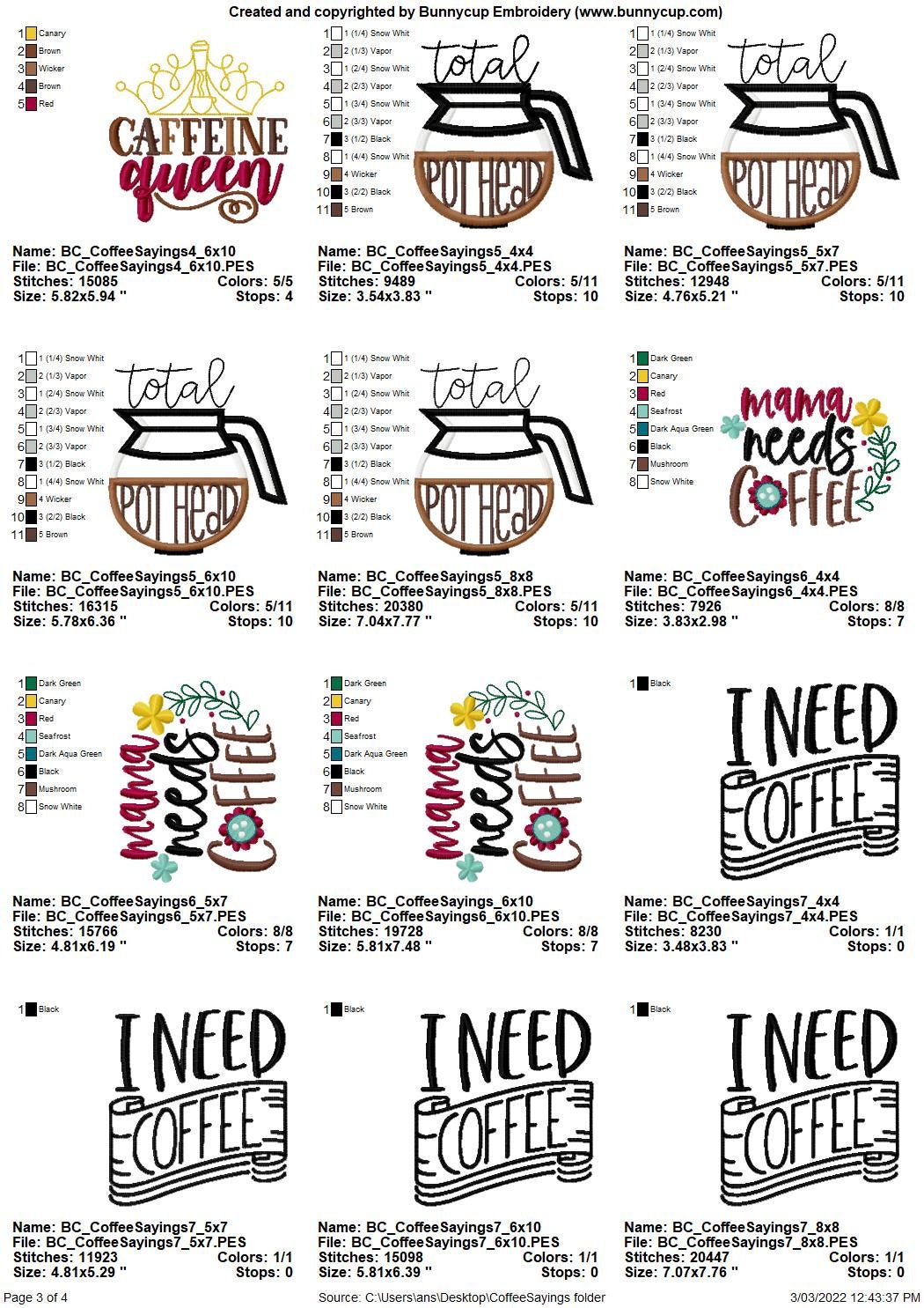 Coffee Sayings - 12 Machine Embroidery Designs - Multiple Sizes ...