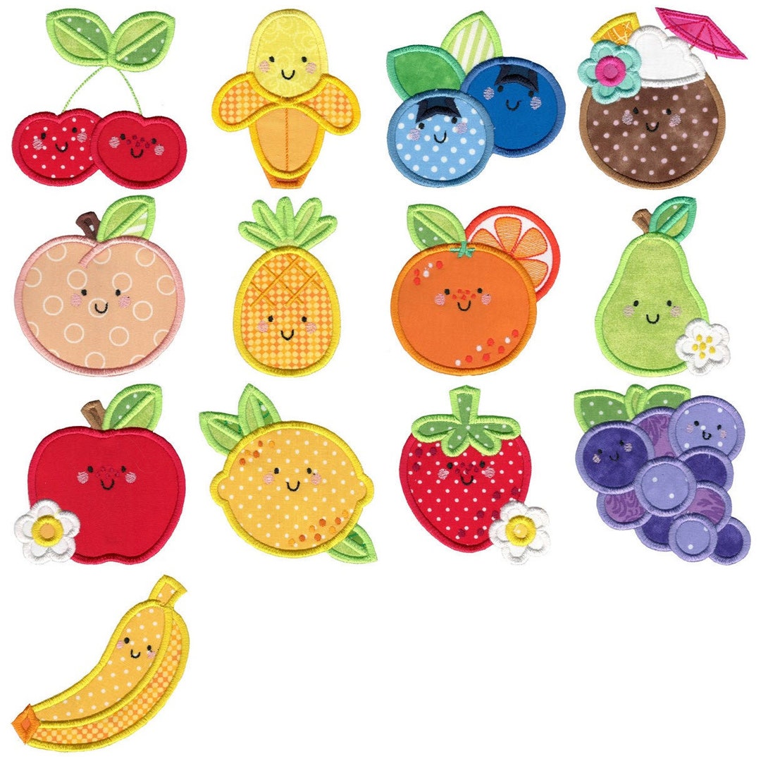 Happy Fruit Applique - 13 Machine Embroidery Designs - 4x4 5x7 6x10 8x8 ...