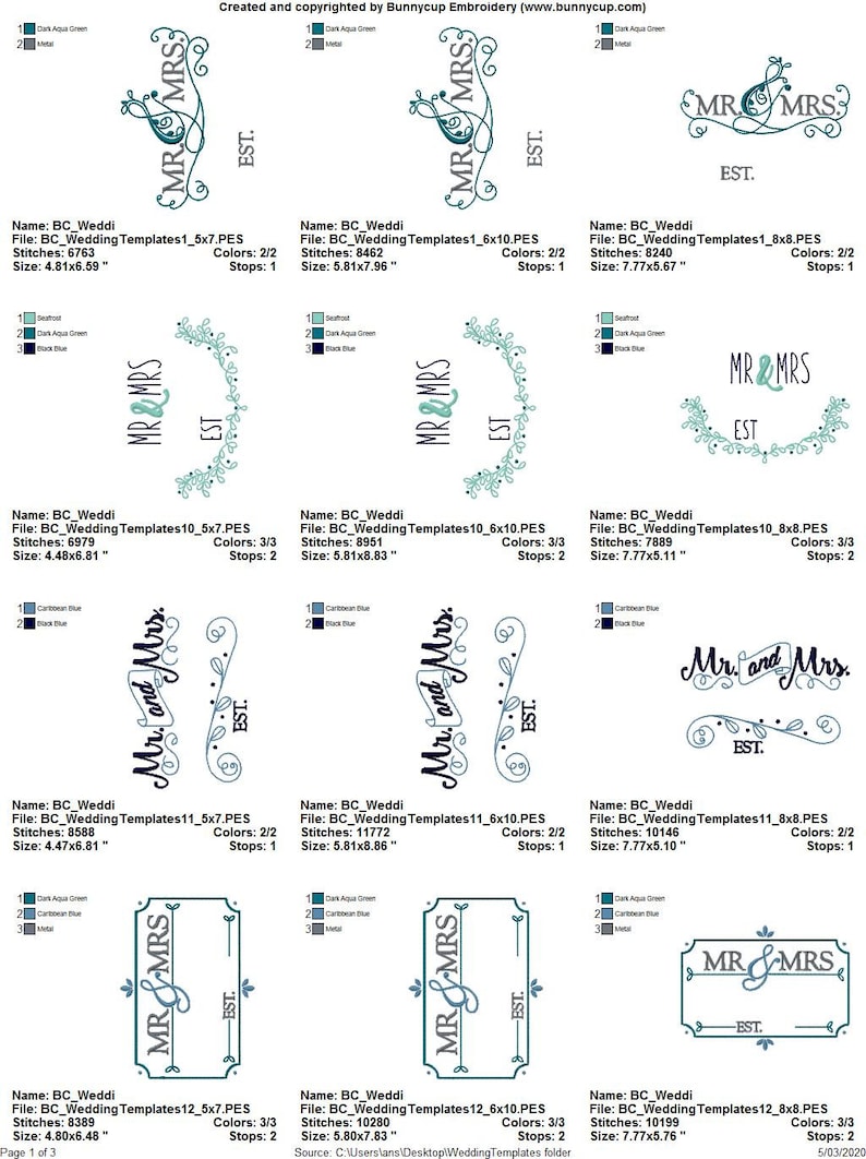 Wedding Templates - 12 Machine Embroidery Designs - 5x7 6x10 8x8 ...