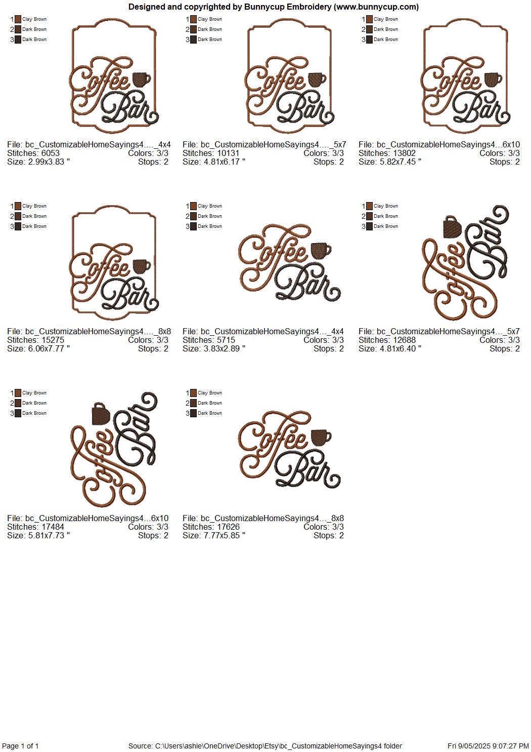 Coffee Bar Embroidery Design - 4x4 5x7 6x10 8x8 Sizes Included ...