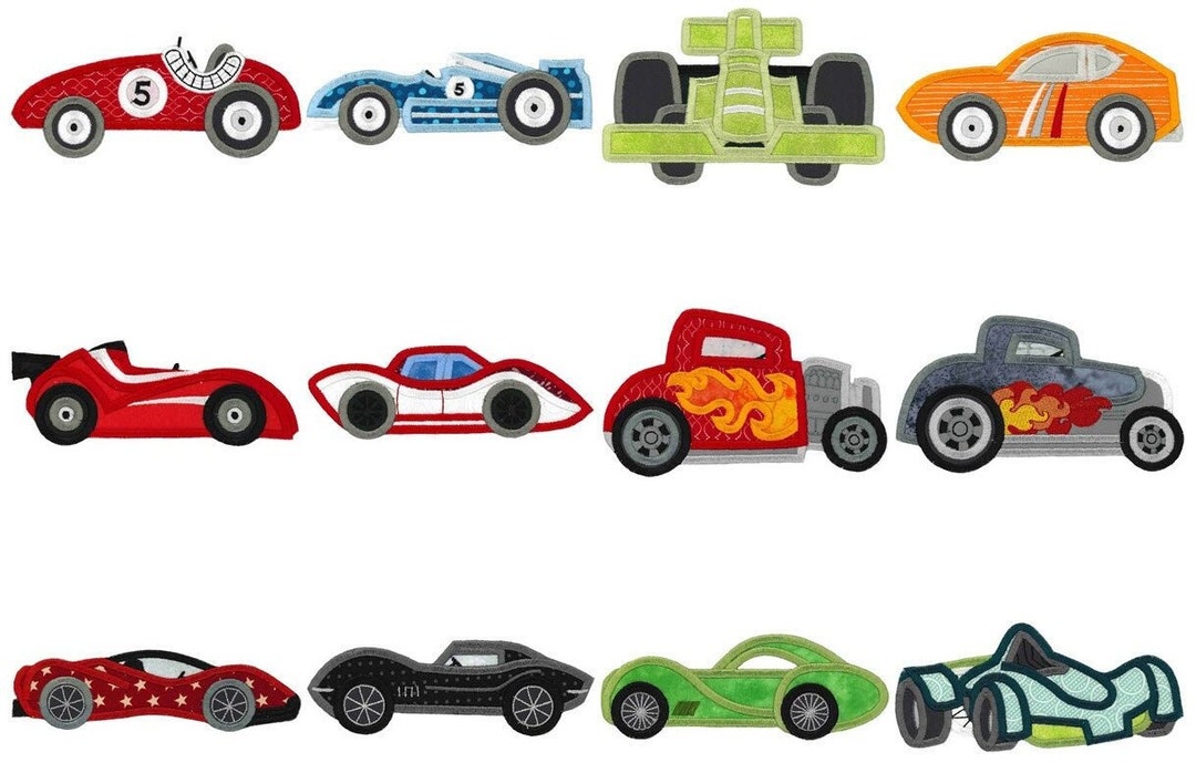 Race Cars Applique - 21 Different Applique Machine Embroidery Designs ...