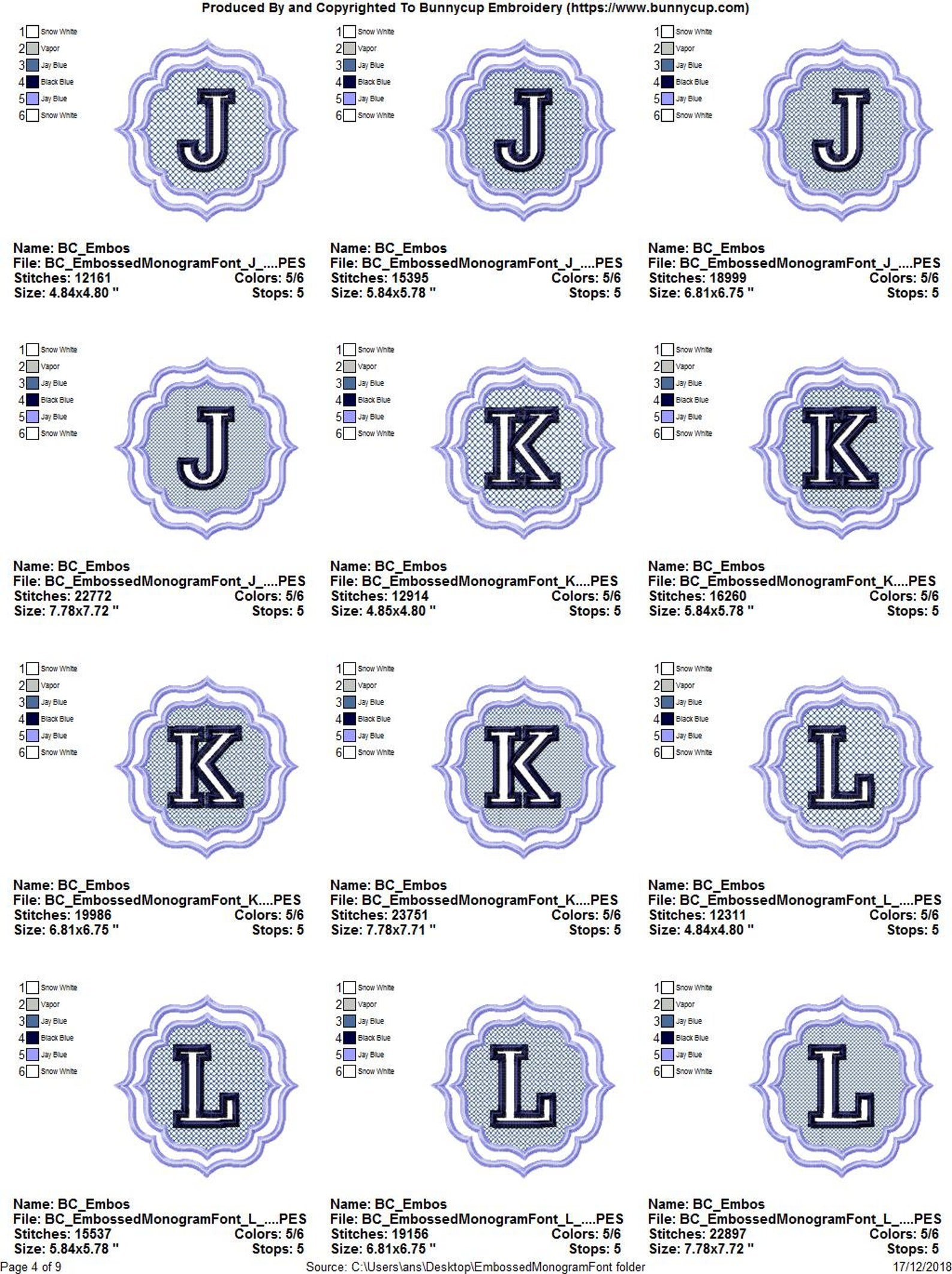 Embossed Monogram Font - 26 Machine Embroidery Designs - 5, 6, 7 and 8 ...