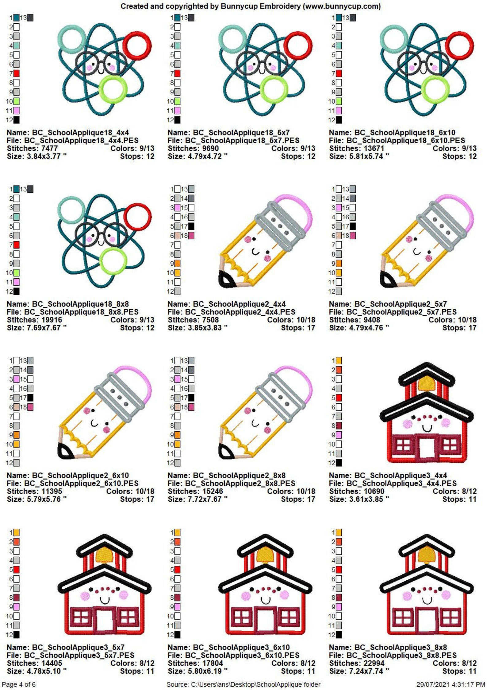 School Applique - 18 Machine Embroidery Designs - 4x4 5x7 6x10 8x8 ...
