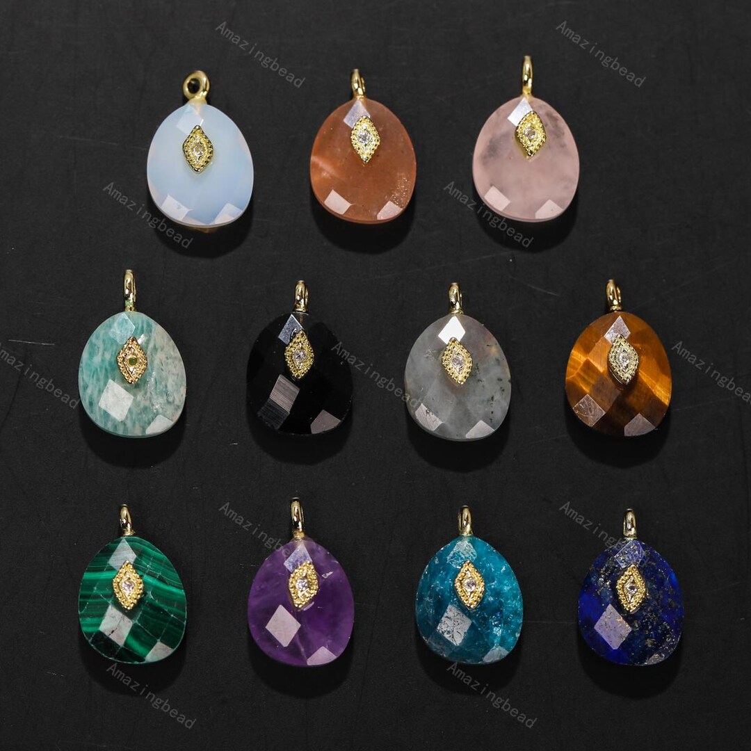 Faceted Flat Teardrop Quartz Gemstones Pendant Inlaid Evil Eye Zircon ...
