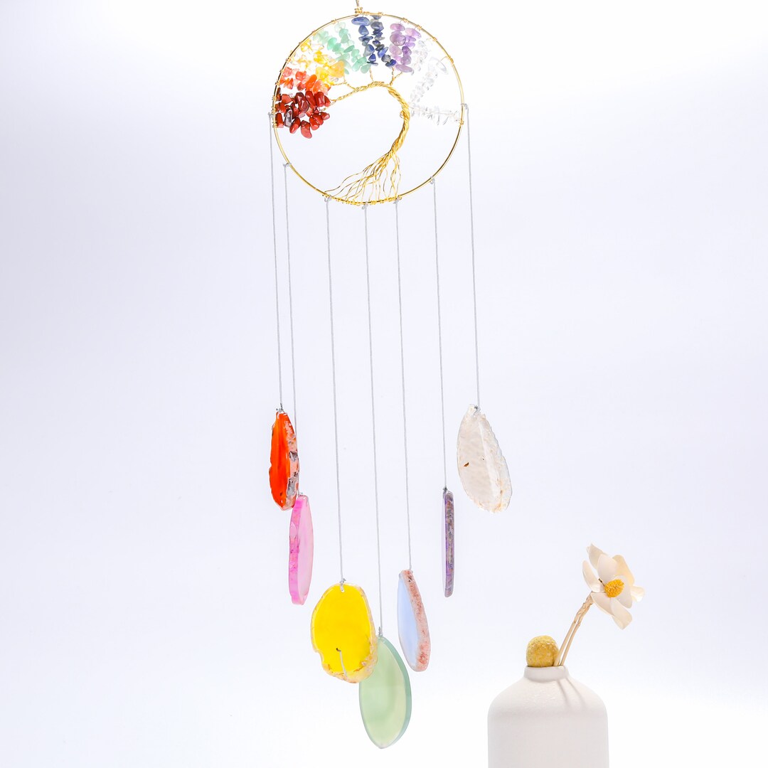 7 Chakra Tree of Life Wind Chime,agate Graduated Slice Wind Chimes ...