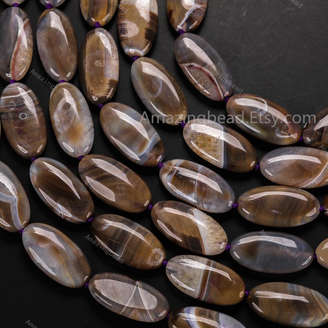 Grey and White Banded Agate Oval Shape Loose Beads, Smooth Agate Slab ...