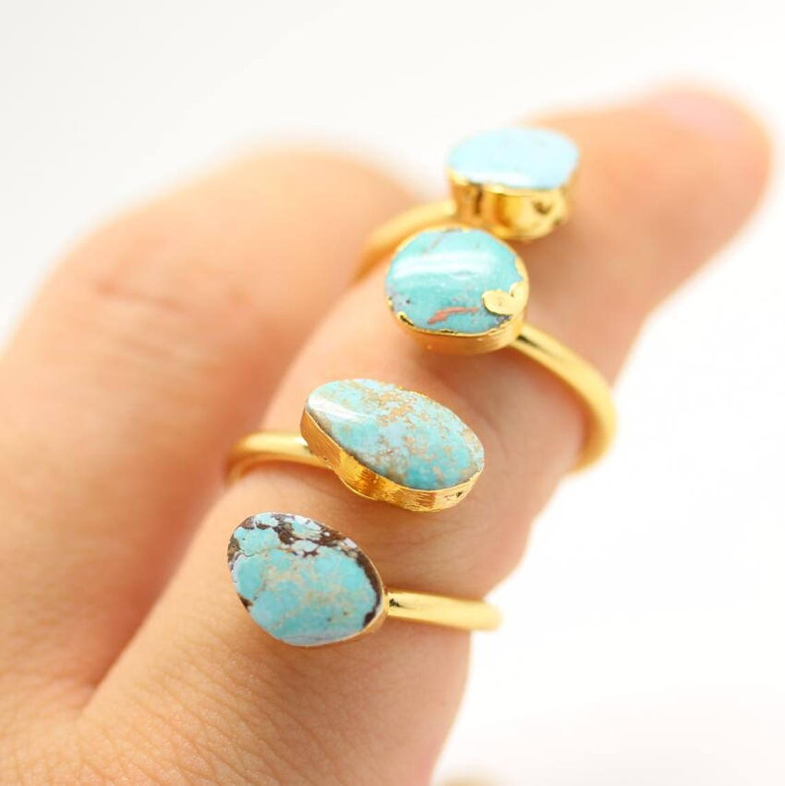 Smooth Natural Blue Turquoise Gemstone Ringsgolden Plated - Etsy