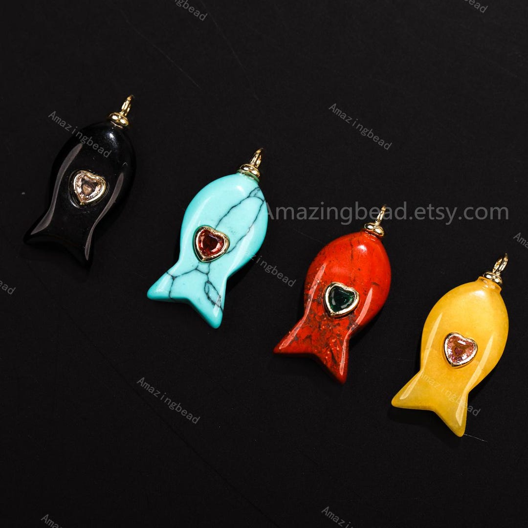 Gemstones Fish Pendant With Inlaid Heart Zircon Bead for Jewelry DIY ...