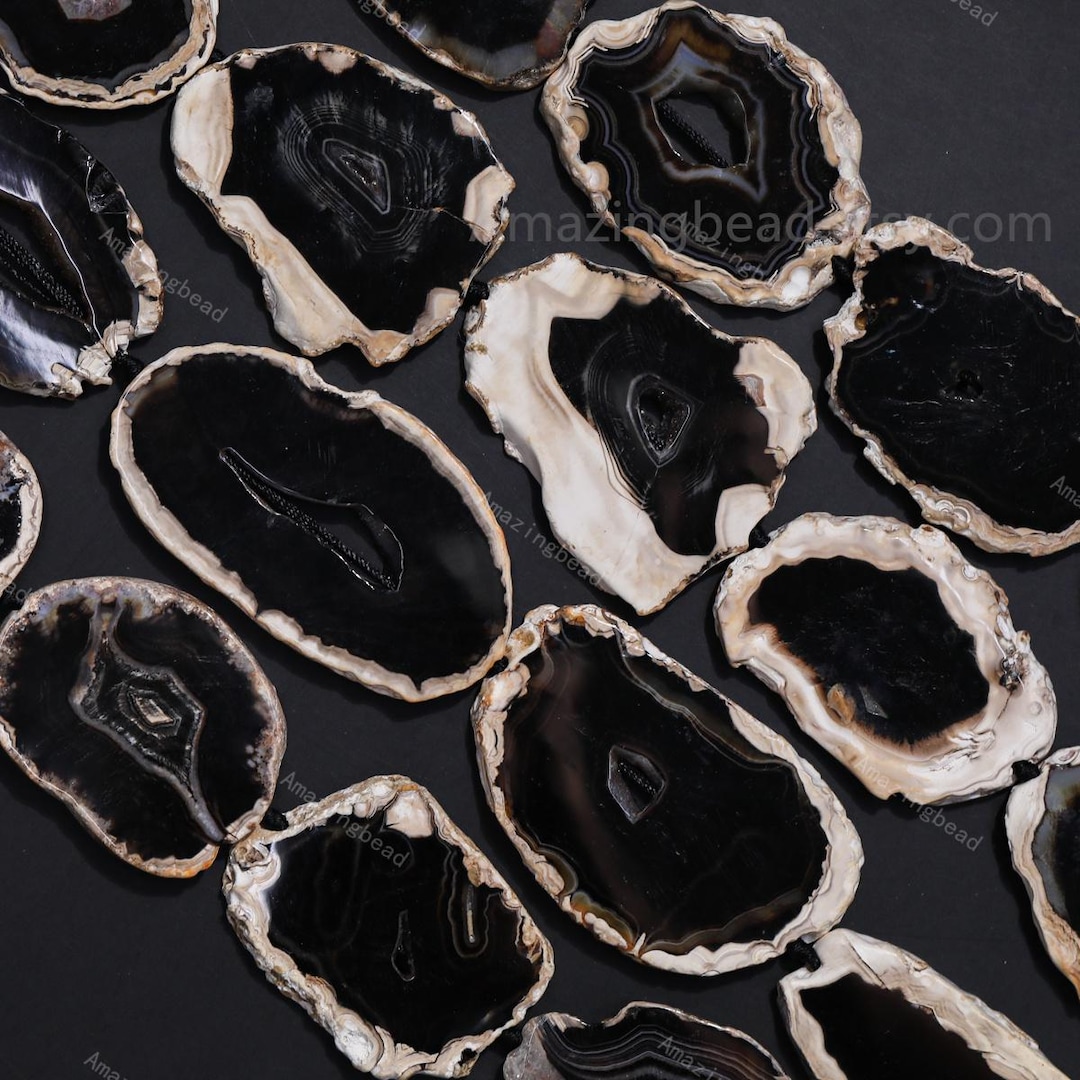 Natural Large Black Agate Slab Beads With White Edge, Gemstone Slice ...
