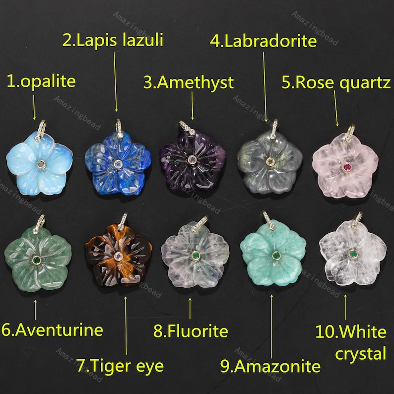 Crystal Gemstones Carved Flower Pendant With Inlaid White or Colored ...