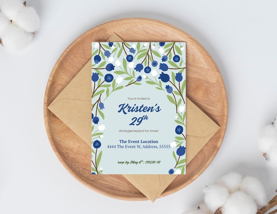 Editable Blueberry Birthday Invitation – Canva Template | Printable ...