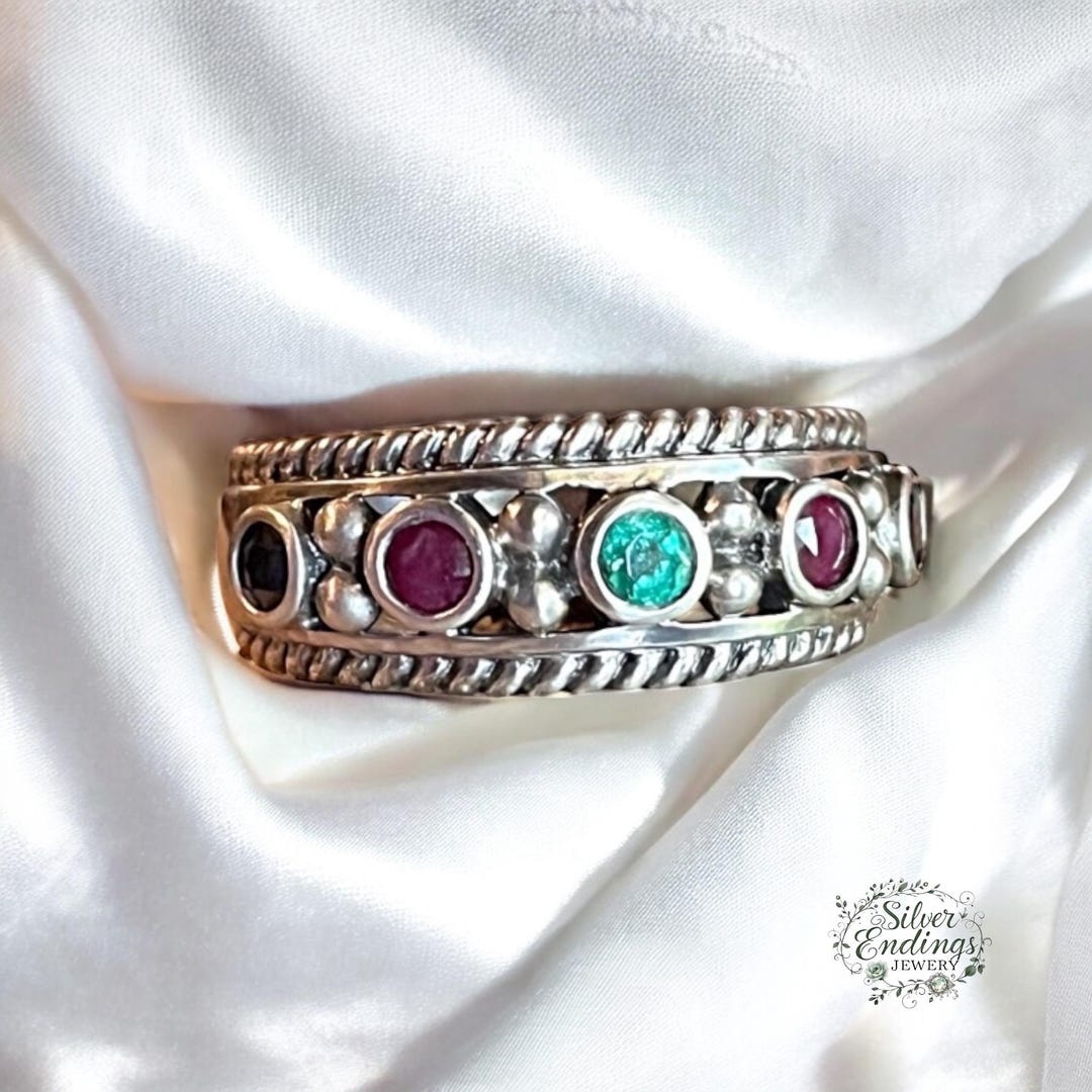 Vintage Sterling Silver Multi Stone Band Ring, 925 Silver Ring, Emerald ...