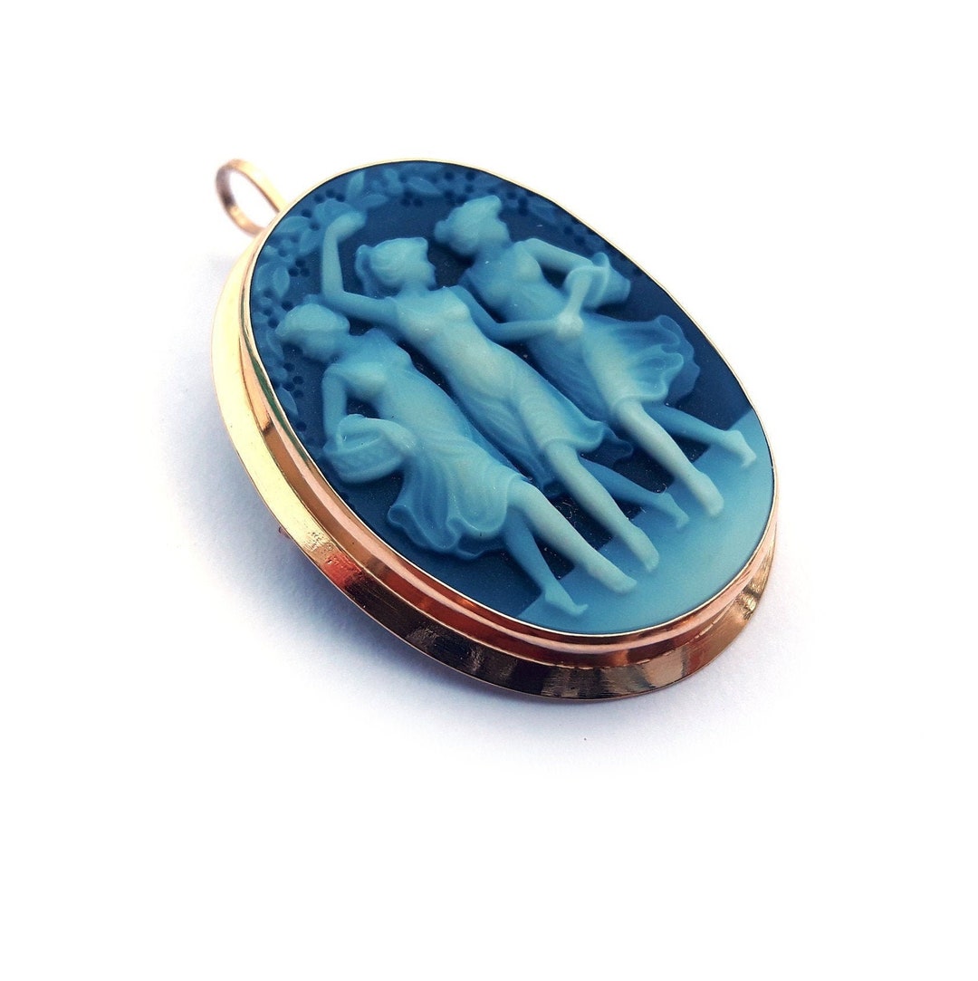 Gold Blue Agate Cameo Pendant Brooch: Three Graces Italian Jewelry - Etsy