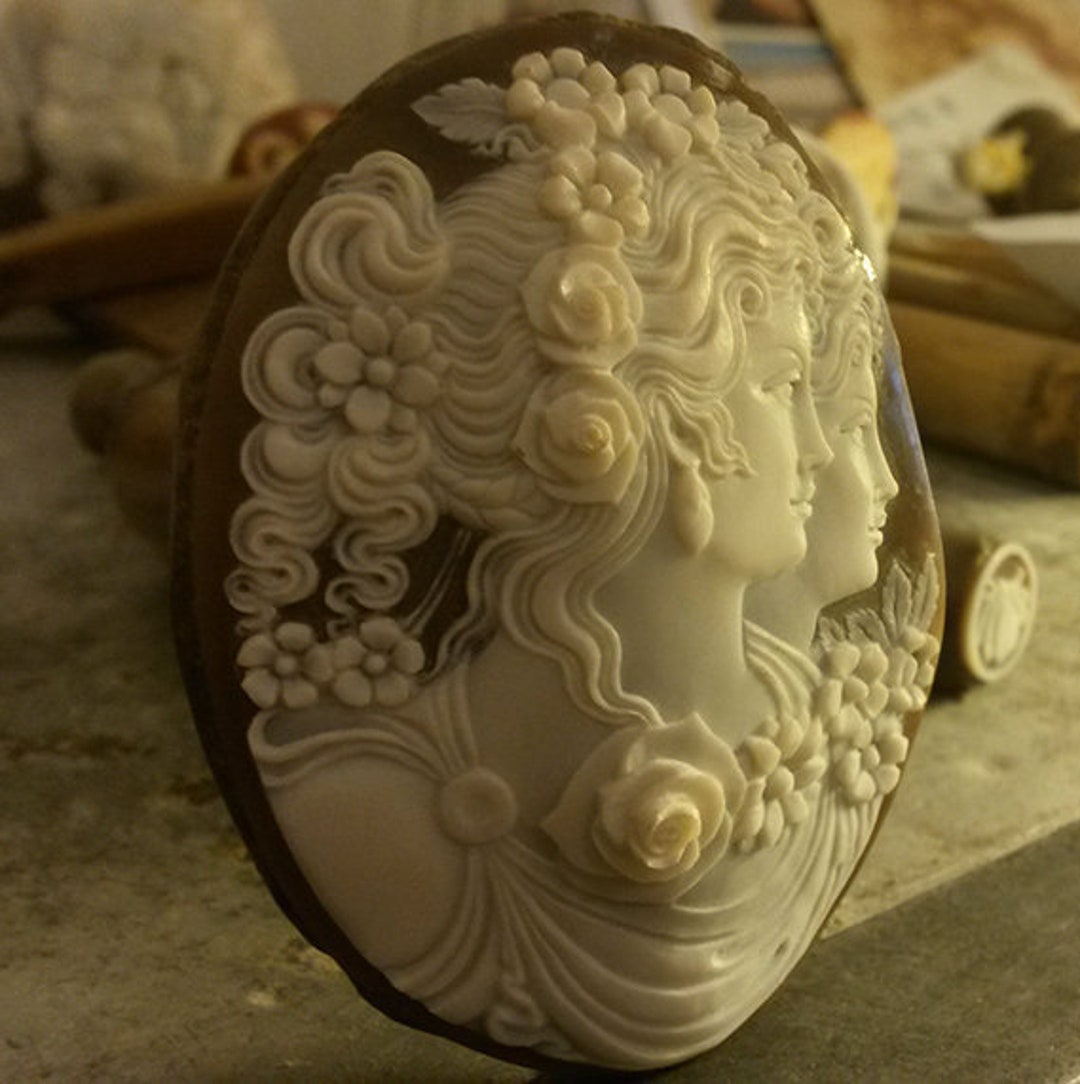 Hand Carved Sardonyx Shell Cameo: Flora Double Profile, Italian Jewelry ...
