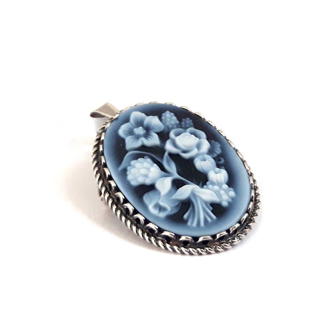 Blue Agate Cameo Brooch Pendant: Floral Sterling Silver, Italian ...