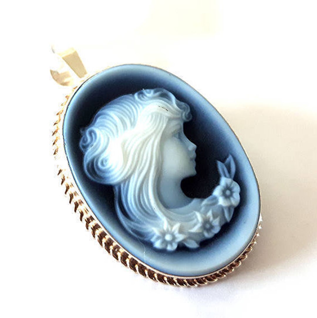 Blue Cameo Brooch Pendant Lady Flowers Italian Cameo Jewelry Donadio ...
