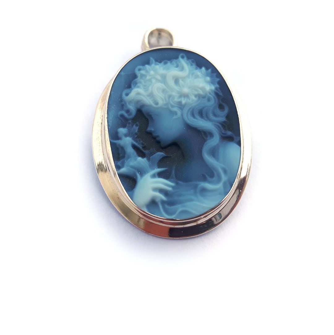Blue Agate Cameo Brooch Pendant: Sterling Silver Lady & Fairy, Italian ...