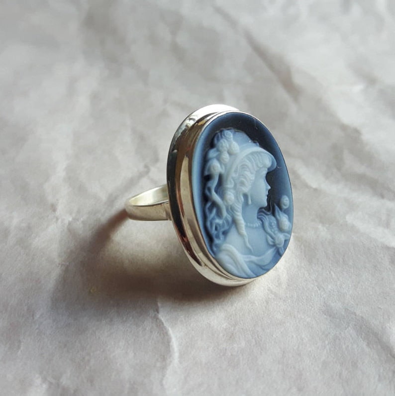 Stone cameo ring blue agate stone cameo ring sterling silver - Etsy Italia