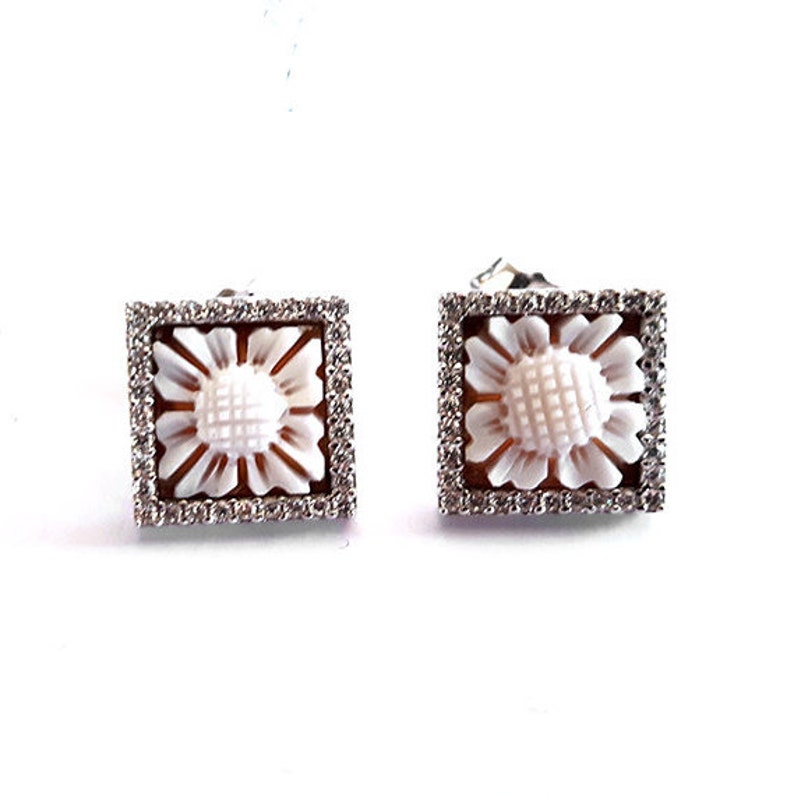 Shell Cameo Earrings Square Daisy Cameos Italian Cameos | Etsy