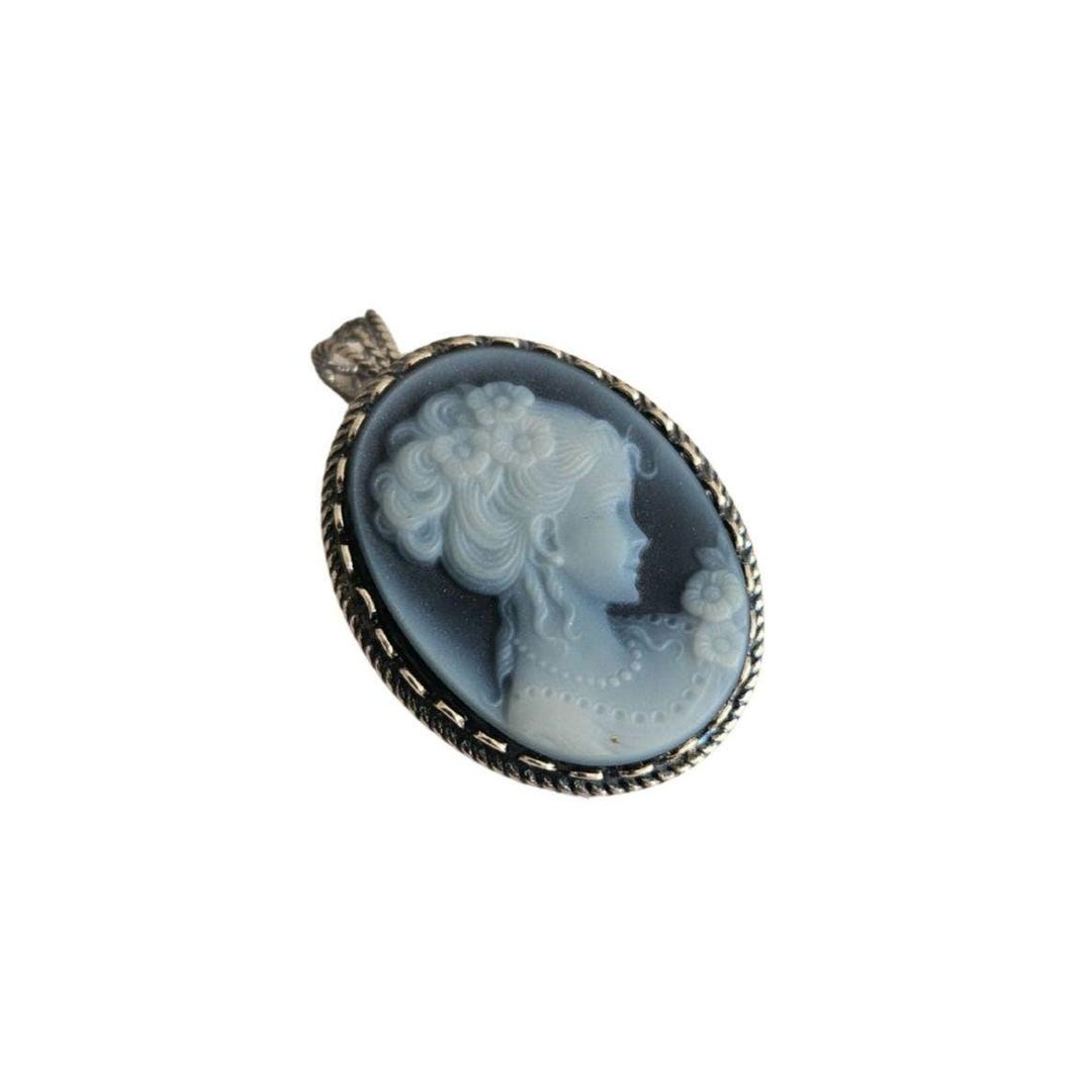 Blue Agate Cameo Brooch Pendant: Sterling Silver Lady Chignon - Etsy