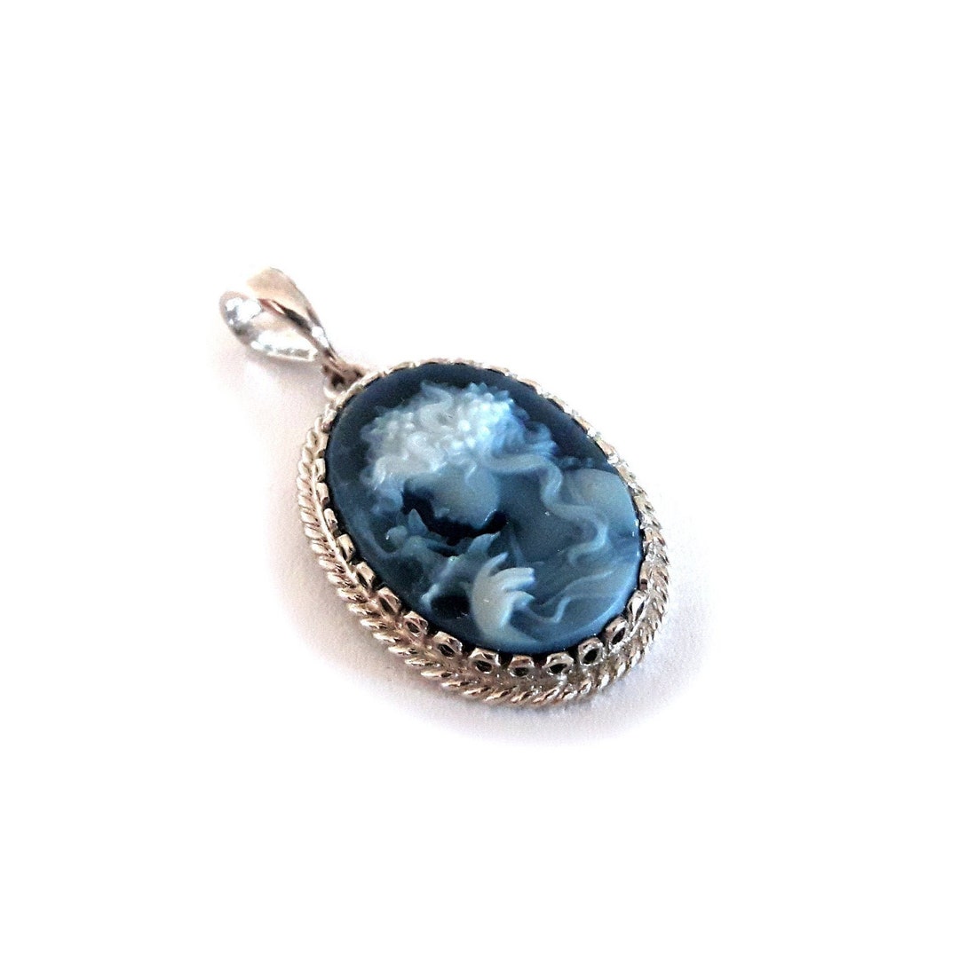 Blue Agate Cameo Pendant: Sterling Silver Lady & Fairy - Etsy