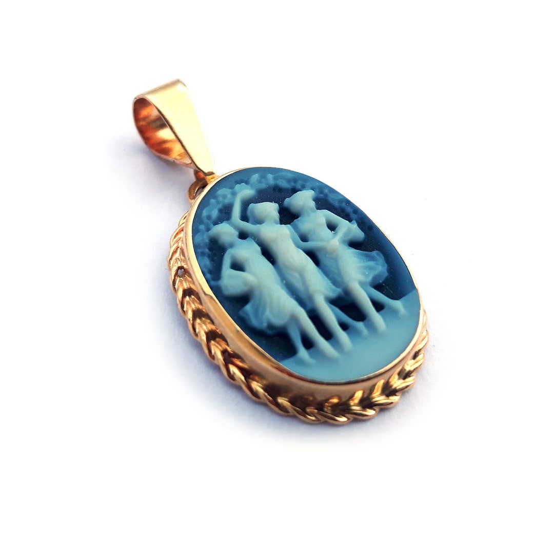 Blue Agate Cameo Pendant: 9kt Gold, Three Graces - Etsy