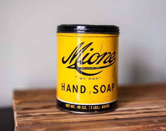 Vintage Mione Hand Soap Advertising Tin Yellow Industrial Bathroom ...