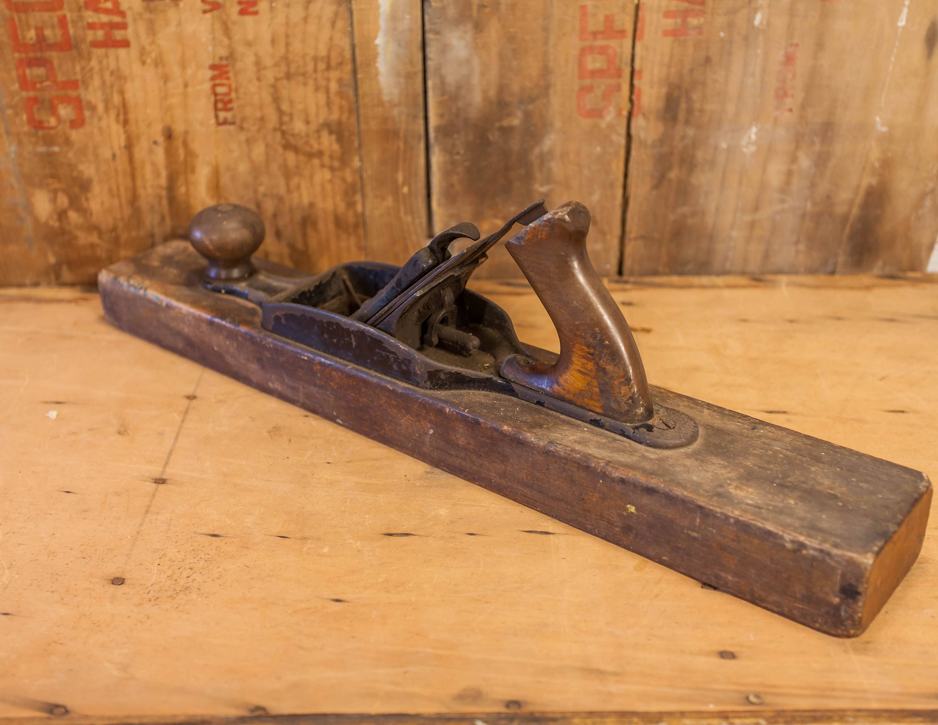 Vintage Large Wooden Woodworking Hand Plane Metal Wood Primitive Tool ...
