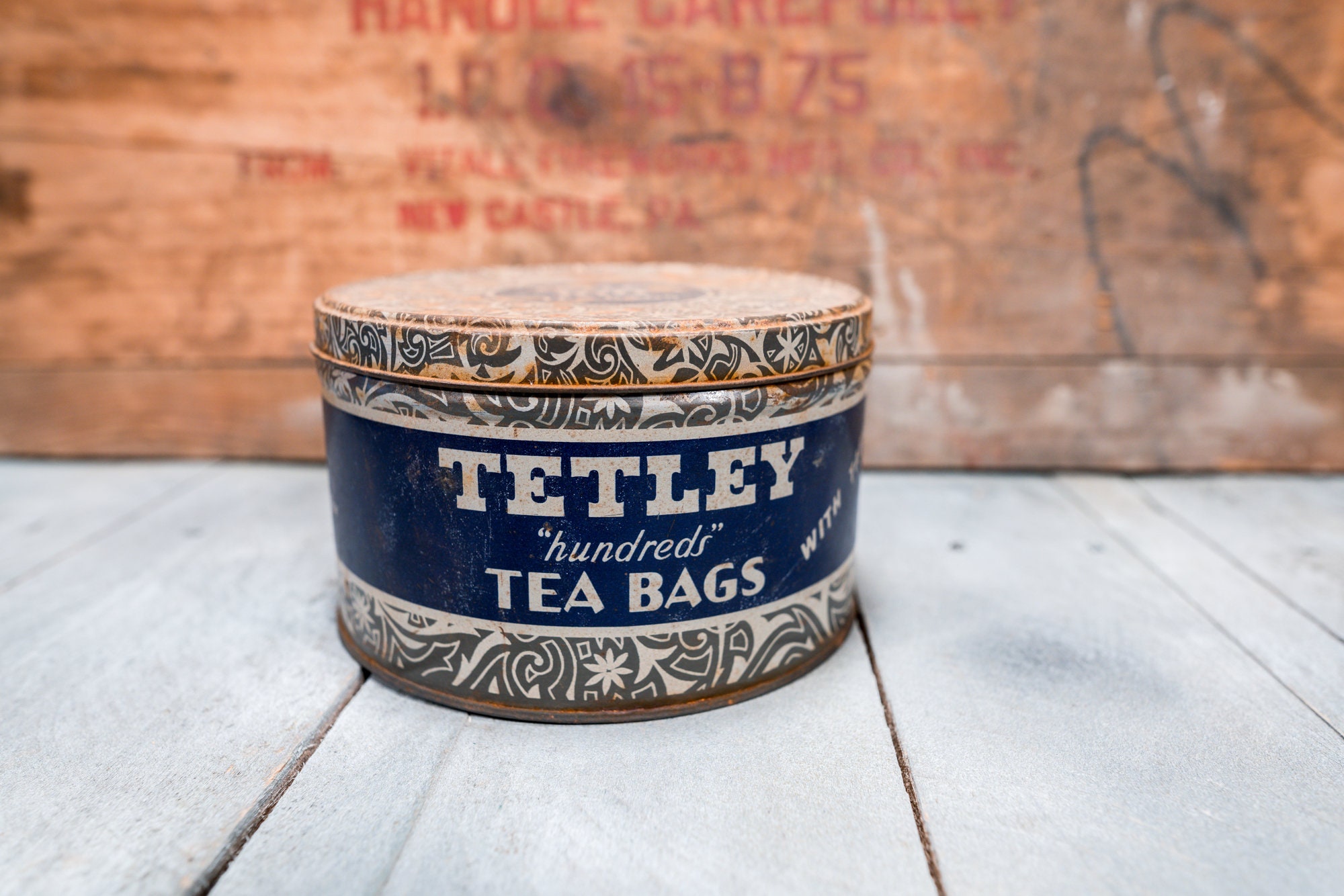 Vintage Tetley Tea Bag Tin Storage Rustic Farmhouse Country Kitchen ...
