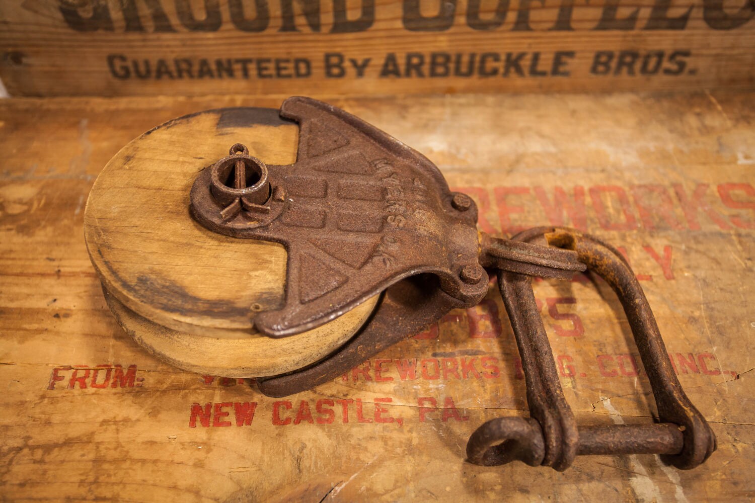 Vintage Meyers Wood Metal Rustic Primitive Barn Farmhouse Pulley Iron ...