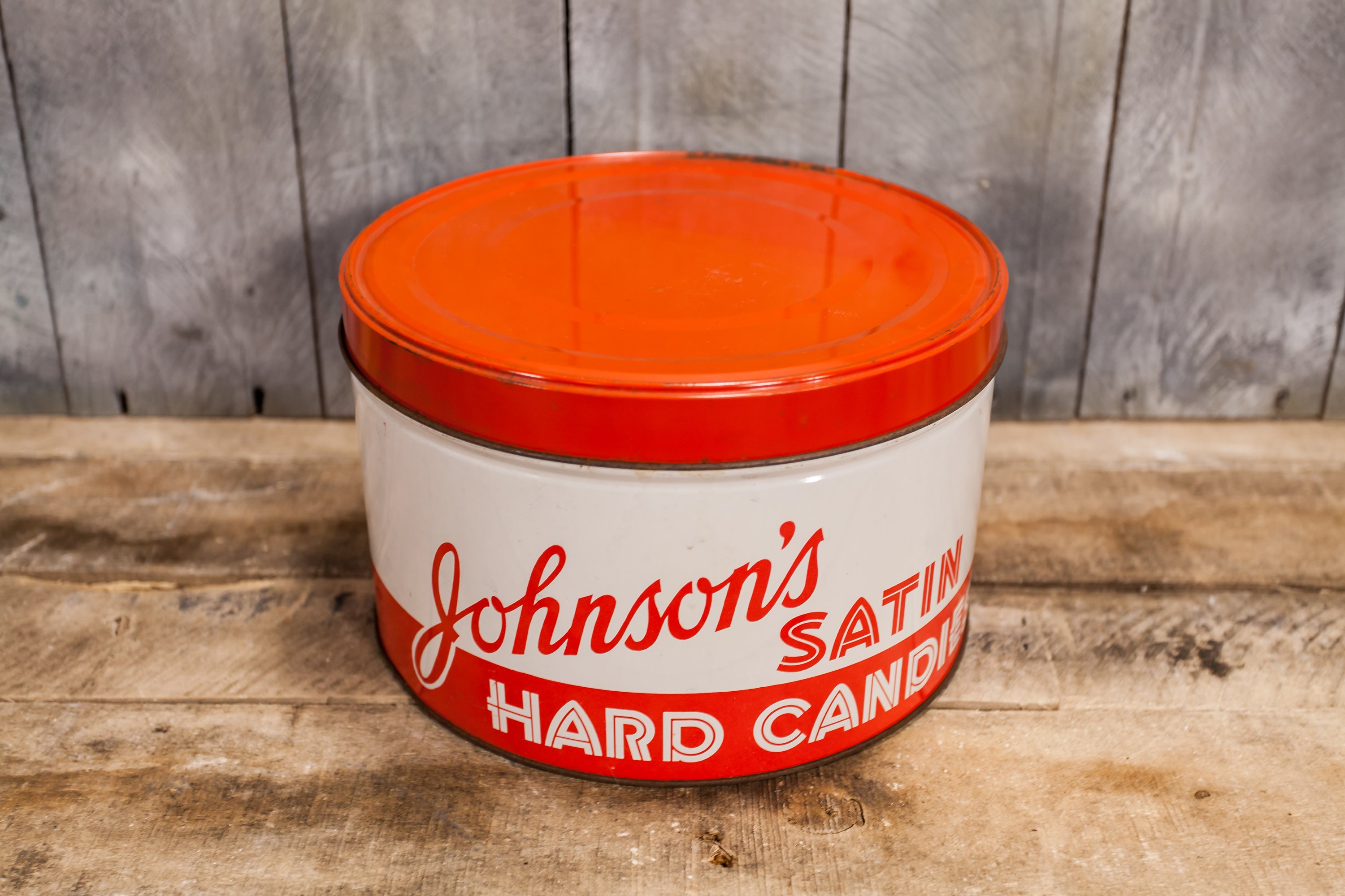 Vintage Johnson's Satin Hard Candies Tin Red White Kitchen Country ...
