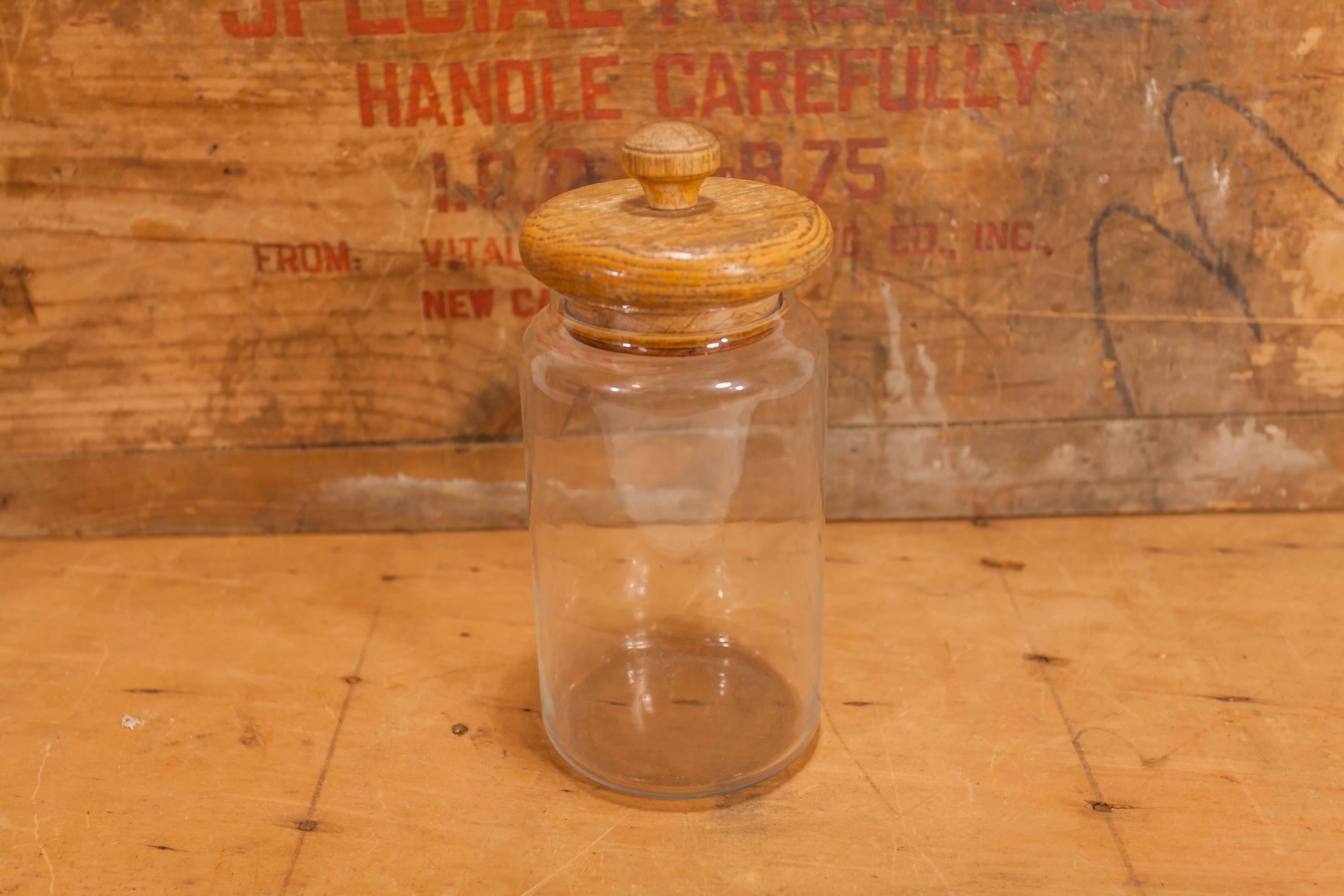 Vintage Glass Jar Wooden Lid Candy Glass Counter Cookie Jar Canister ...