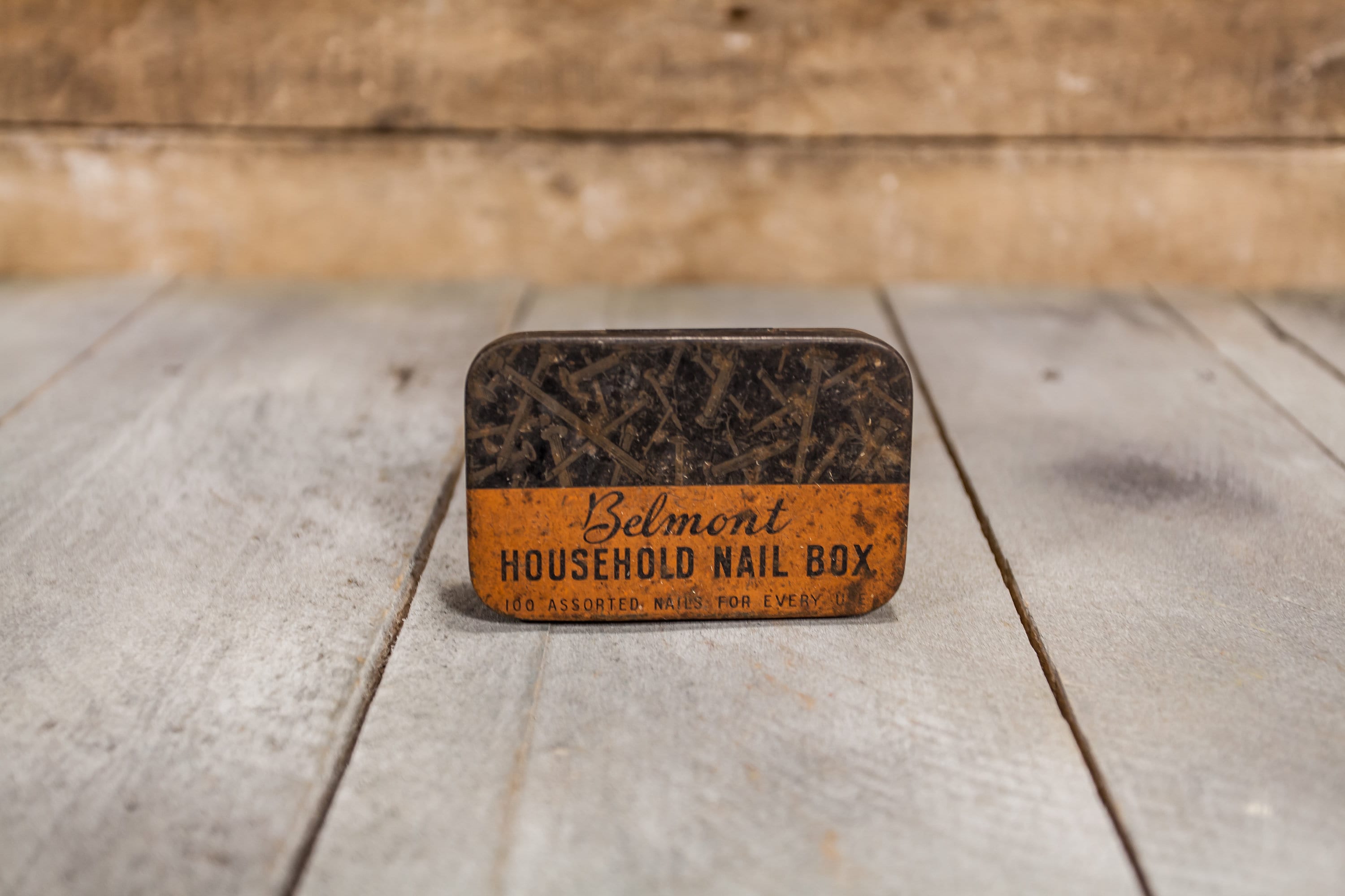 Vintage Belmont Household Nail Box Metal Box Tin Advertising Man Cave ...