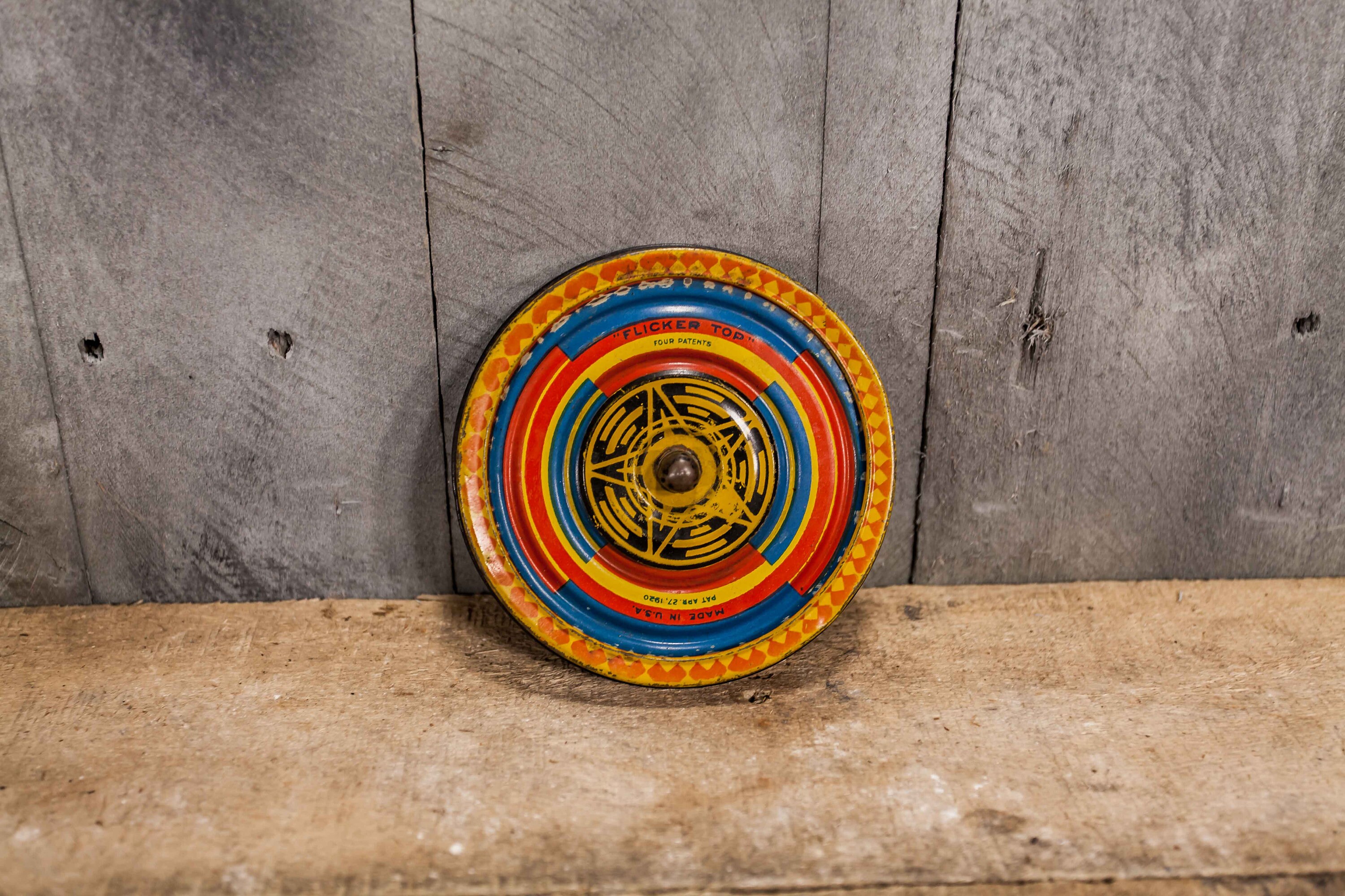 Vintage Flicker Top Tin Toy Nursery Man Cave Rustic Fidget Spinner Top