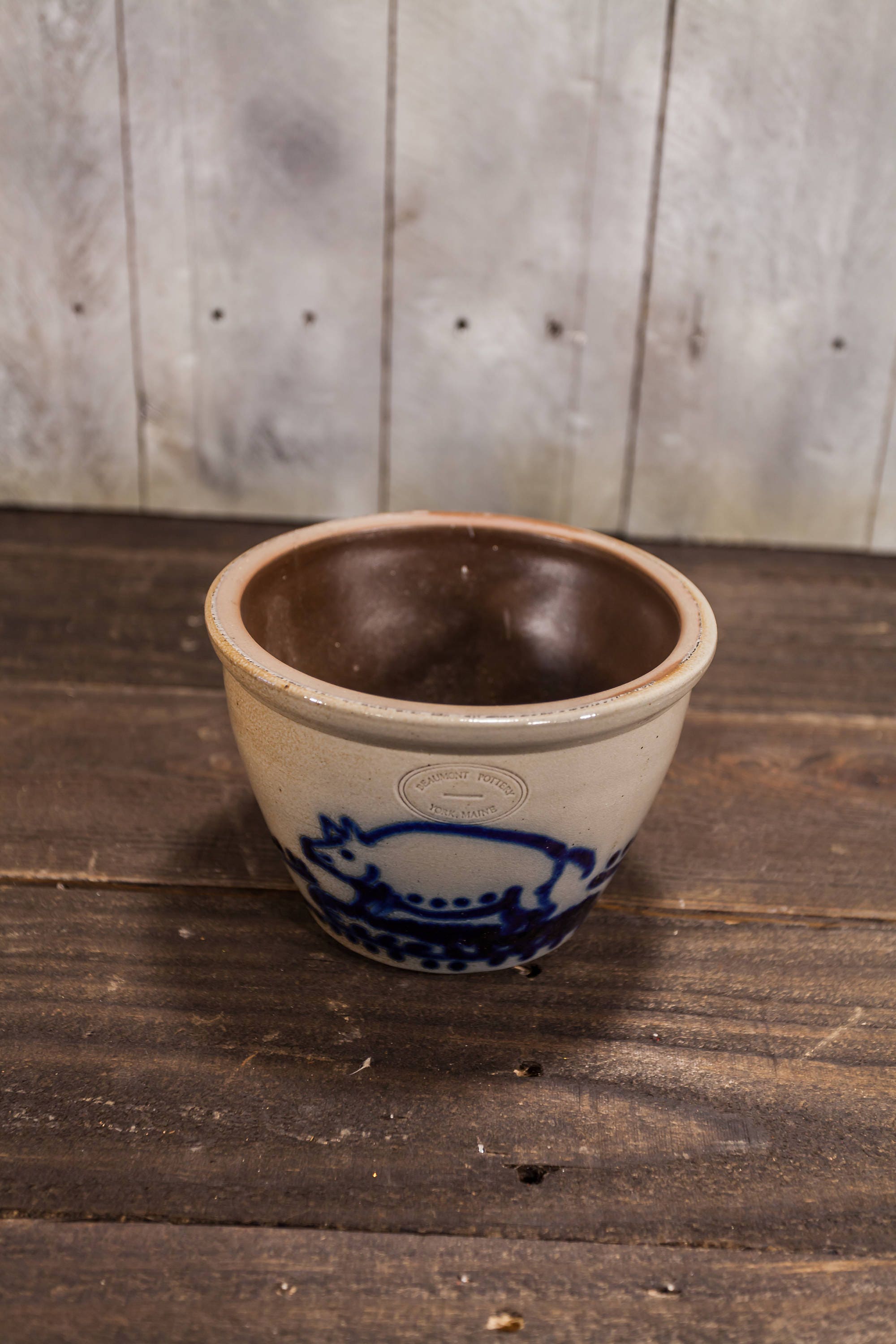 Vintage Beaumont Pottery Bowl Jar Pig Piggy Stoneware Glazed Blue Salt ...