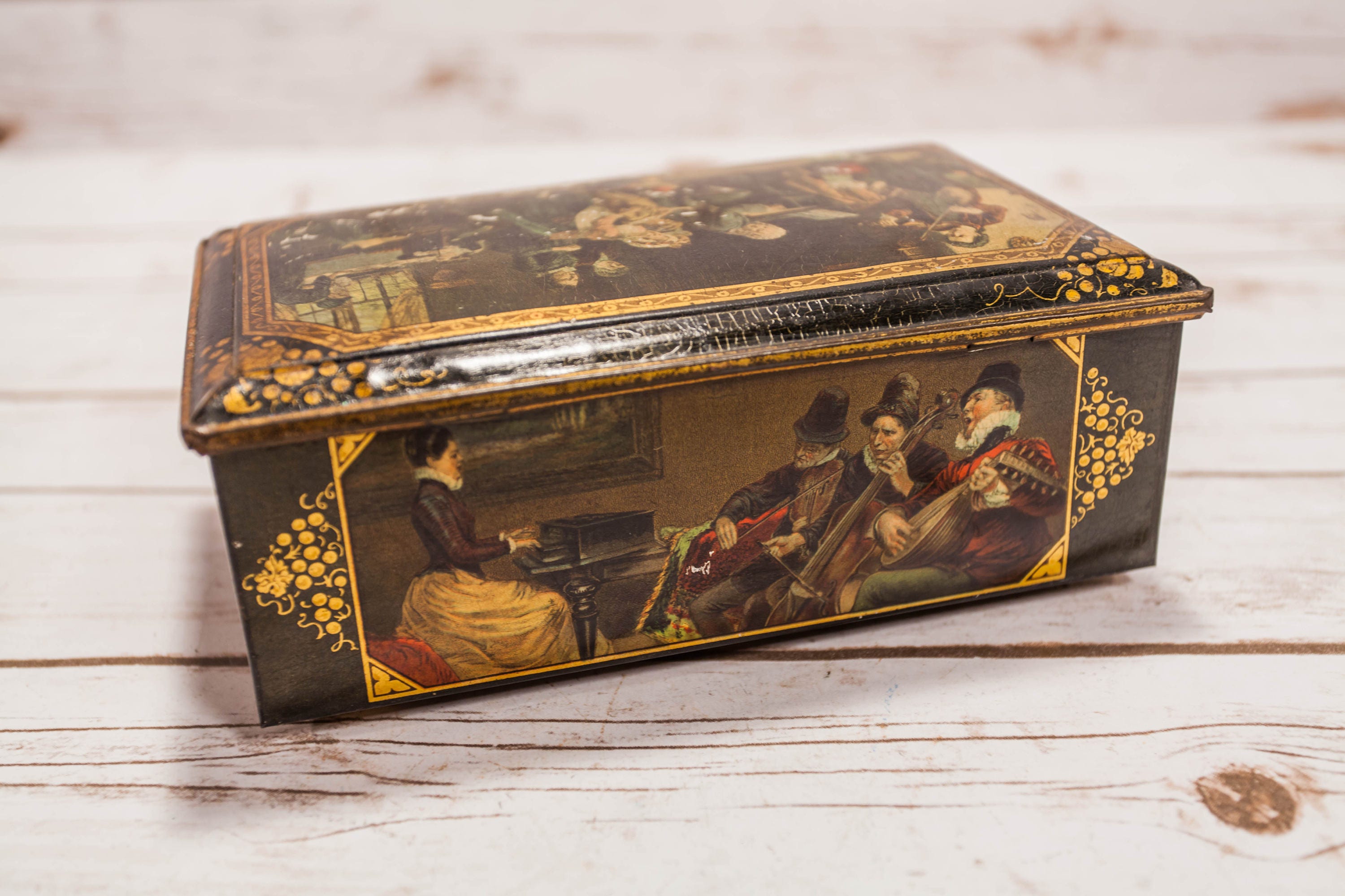 Vintage Tin Tea Candy Tin Gold Black Music Scene Musical Theme English ...