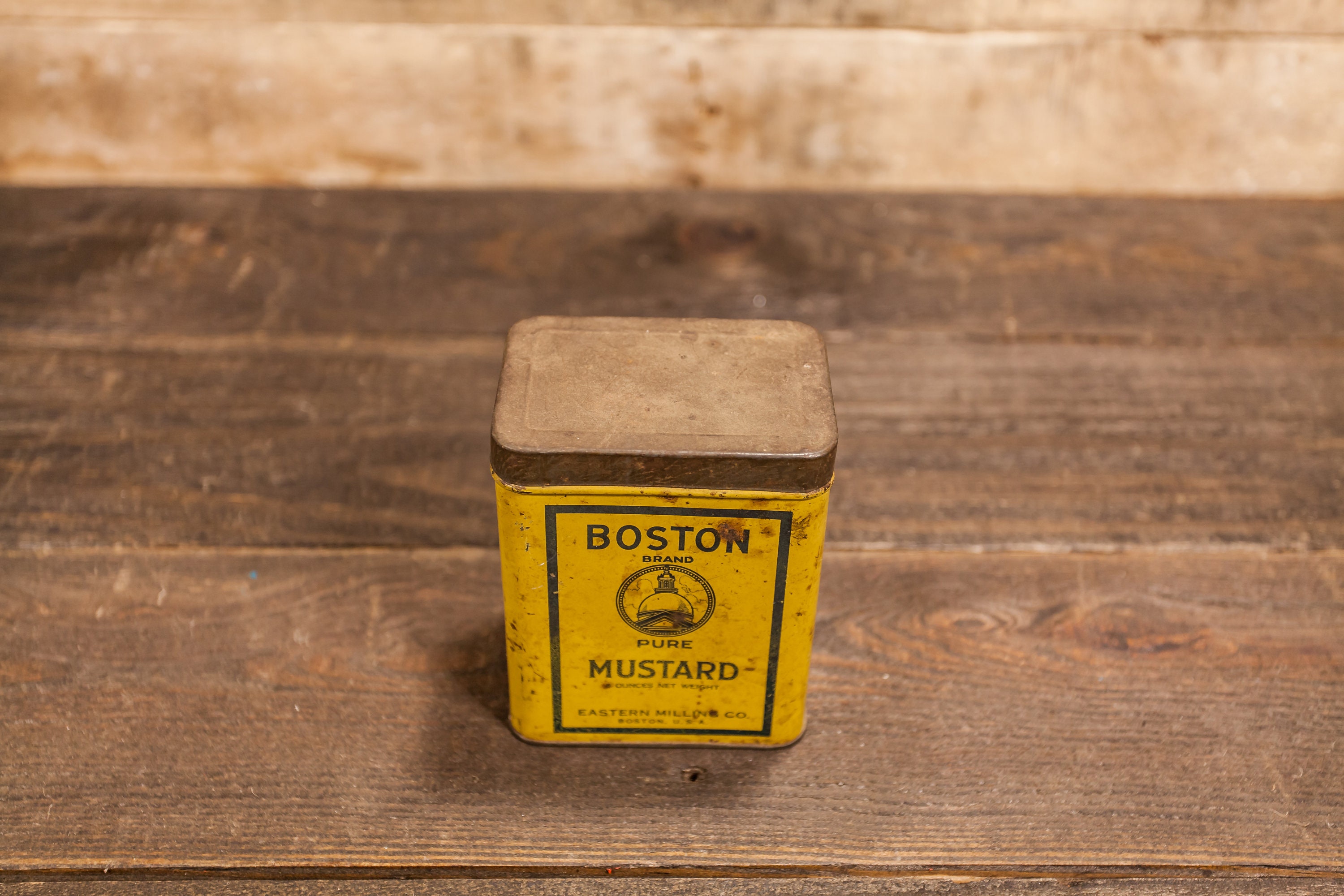 Vintage Boston Mustard Tin Yellow Red Advertising Can Kitchen Rustic ...