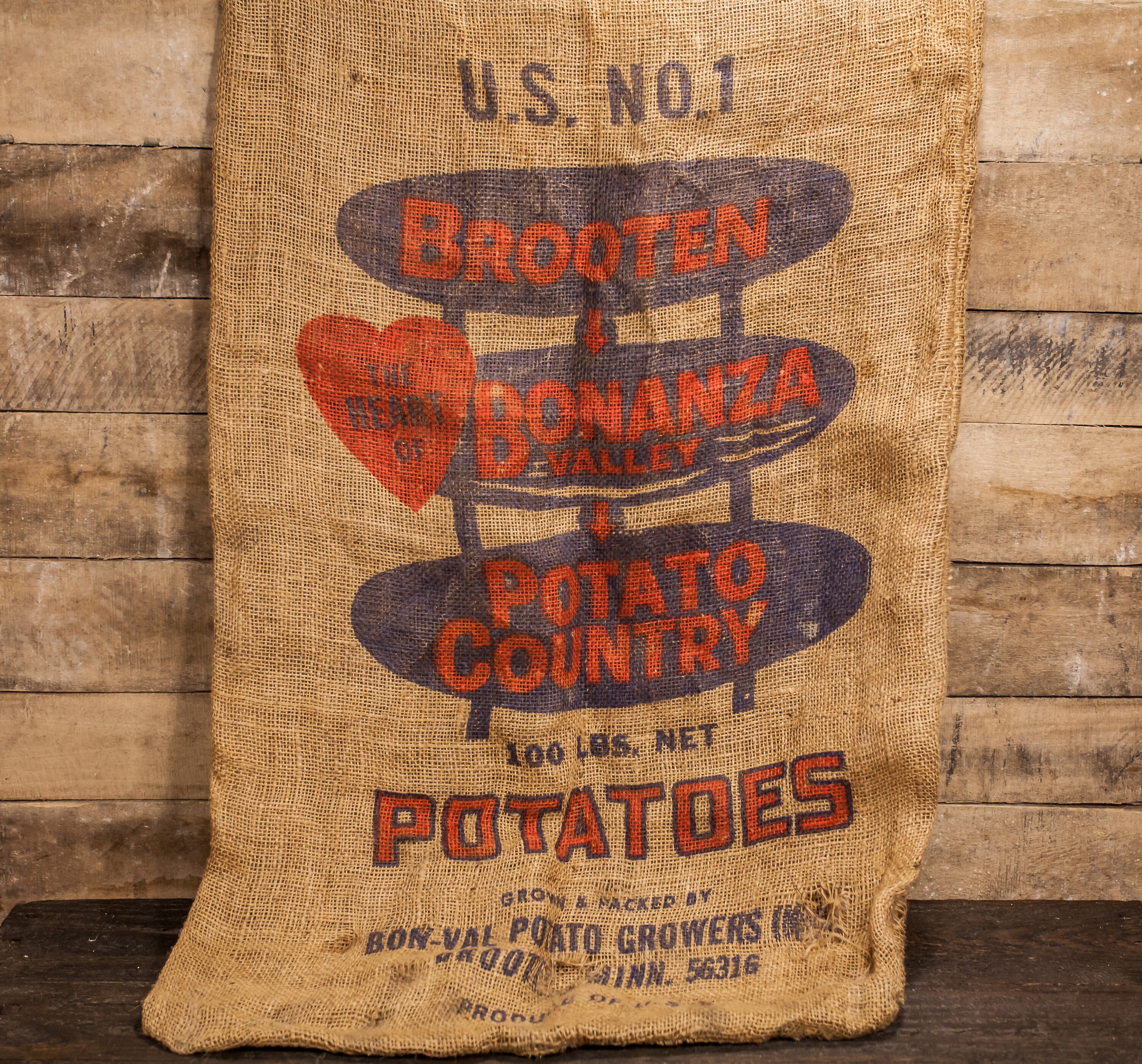 Vintage Brooten-Bonanza Valley Potato Sack Red Blue Rustic Primitive ...