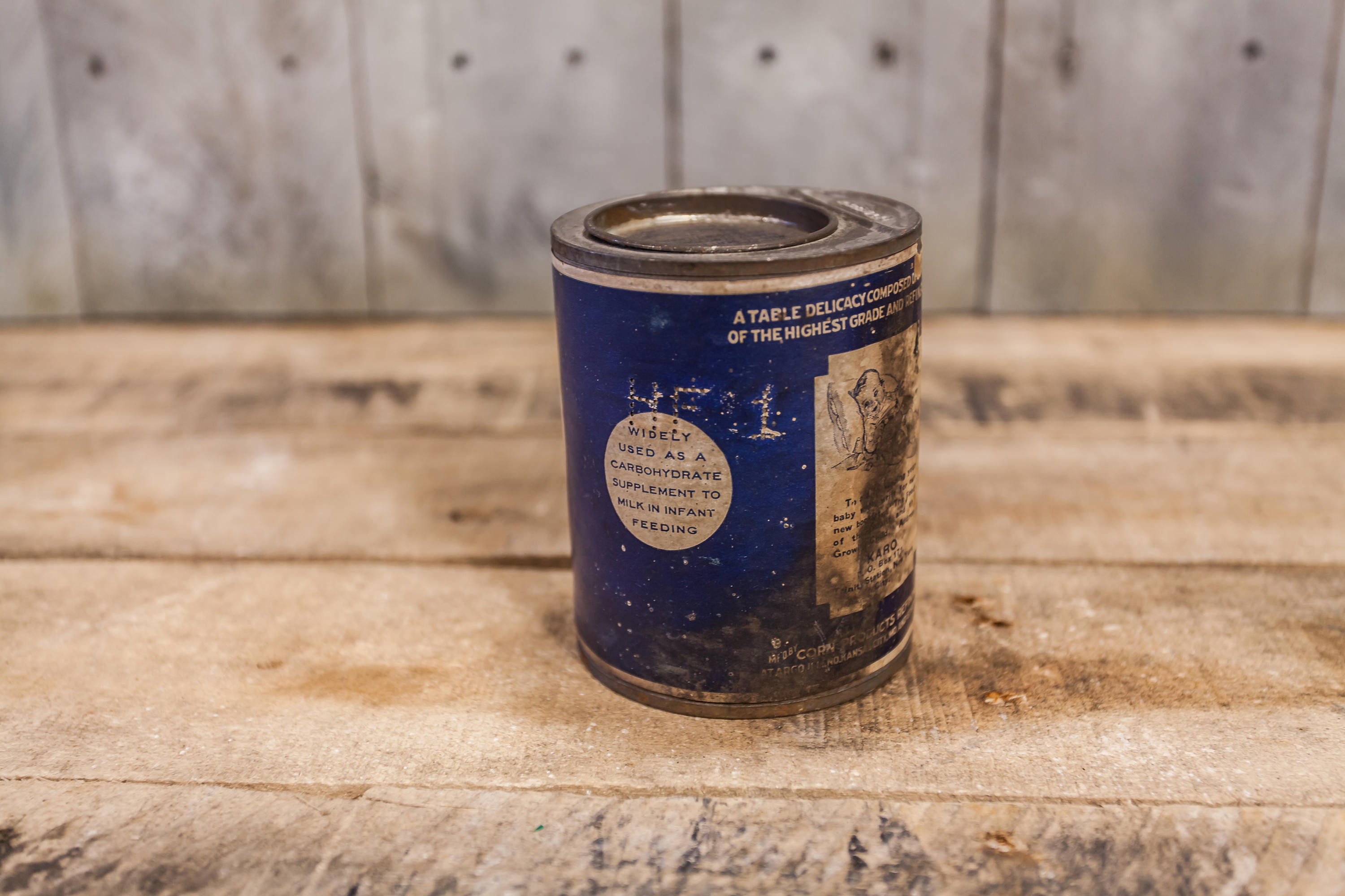 Vintage Karo Tin Paper Label White Blue Advertising Can Kitchen Rustic ...