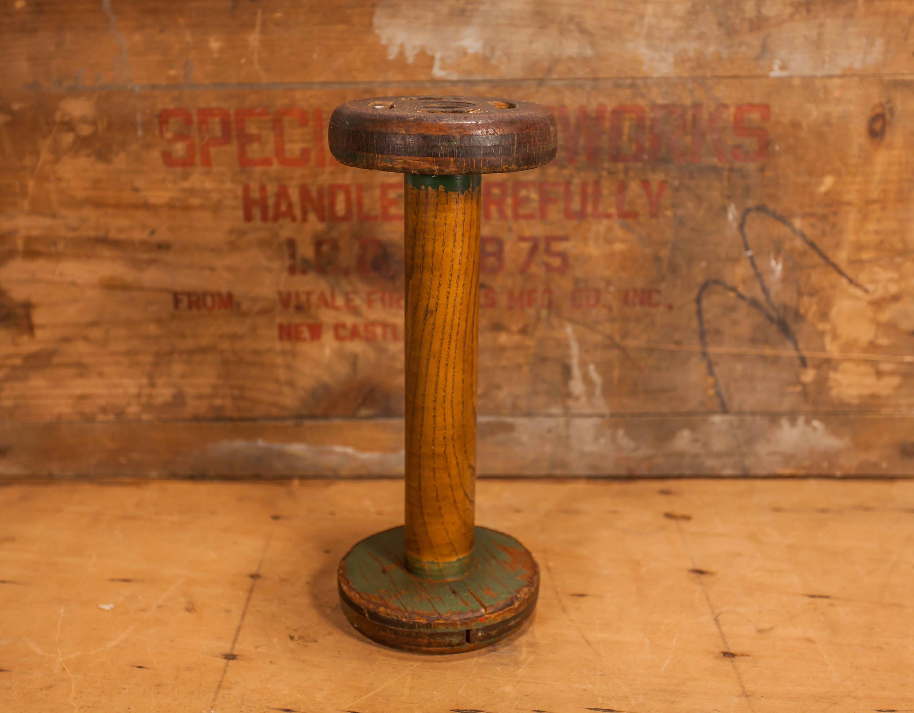 Vintage Large Wooden Bobbin Spool Metal Rustic Green Distressed ...