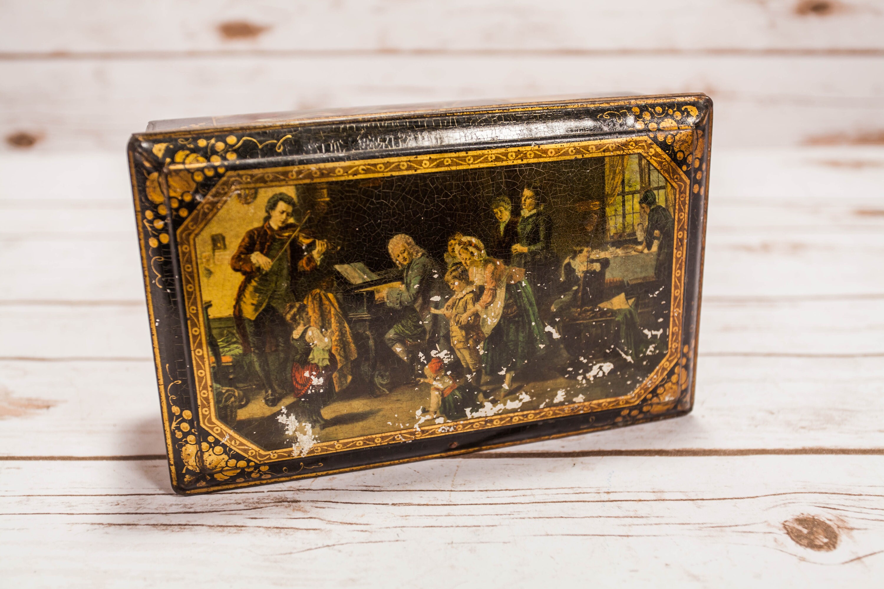 Vintage Tin Tea Candy Tin Gold Black Music Scene Musical Theme English ...