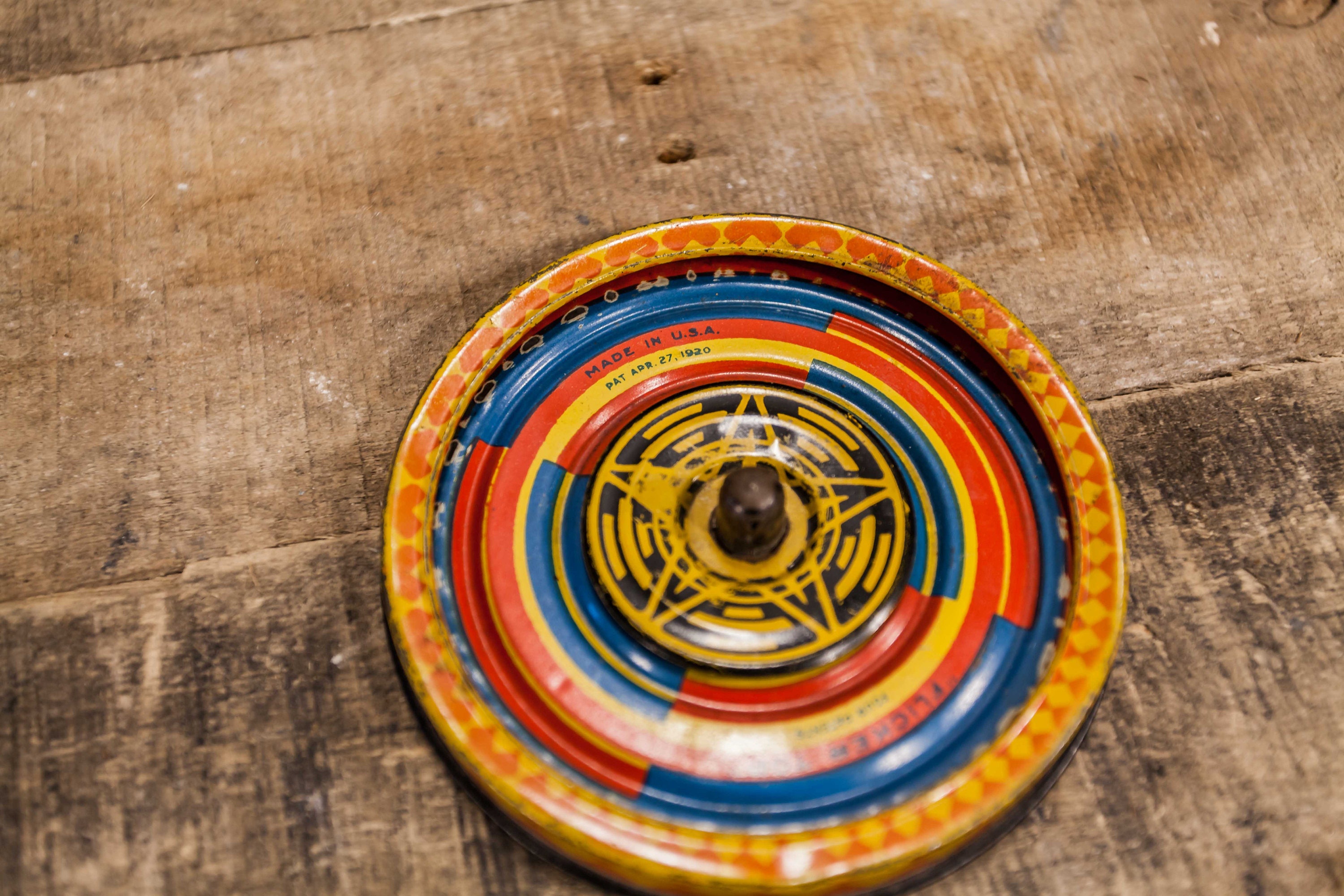 Vintage Flicker Top Tin Toy Nursery Man Cave Rustic Fidget Spinner Top