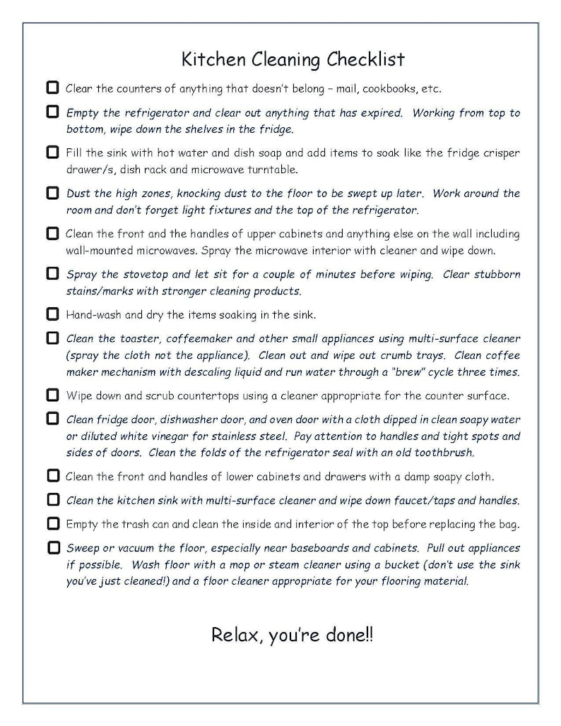 Printable Kitchen Cleaning Checklist Download and Print Get Everything ...