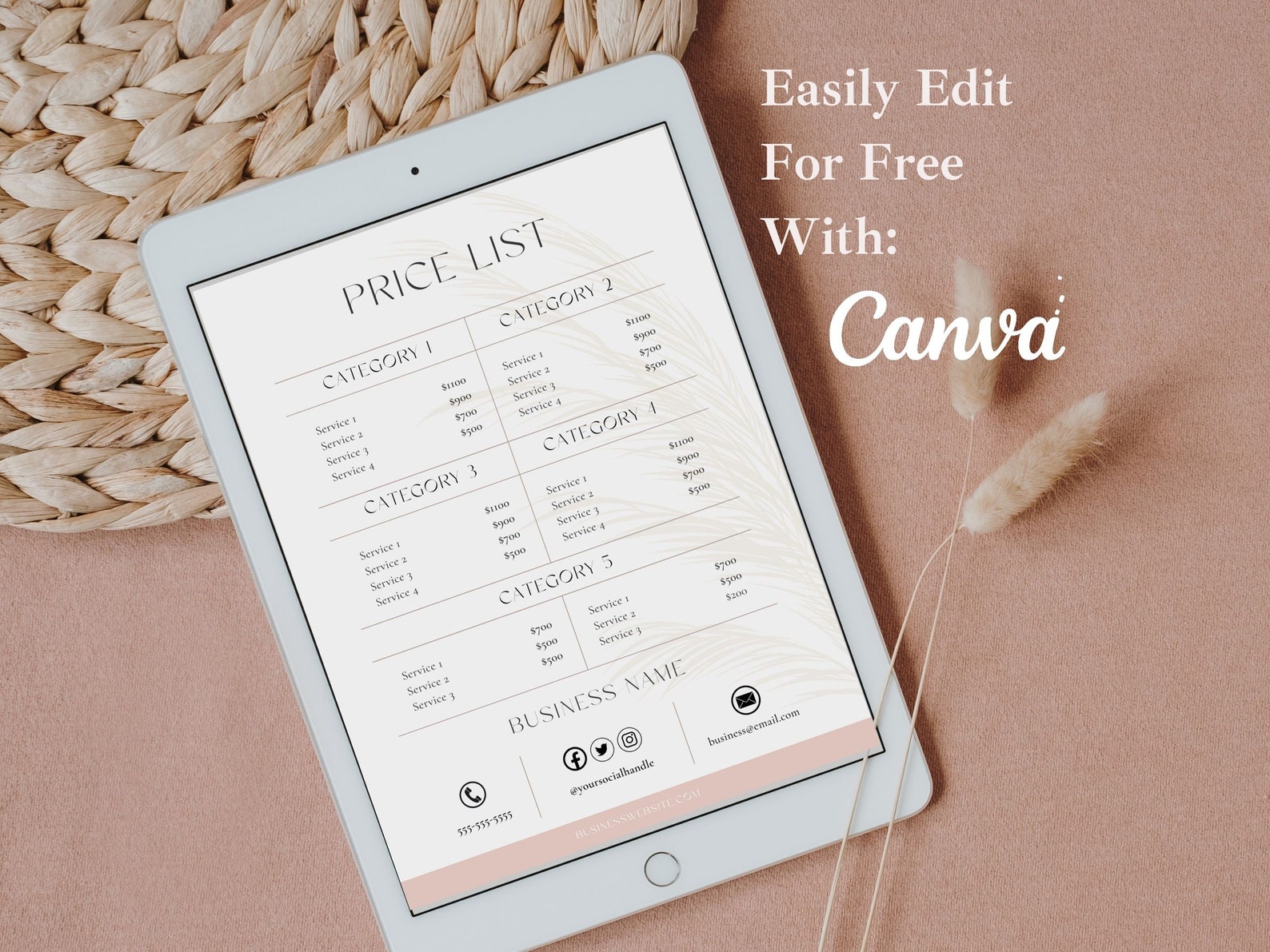 Editable Price List Template Sign for Small Business, Boho Small Business Price List Template ...