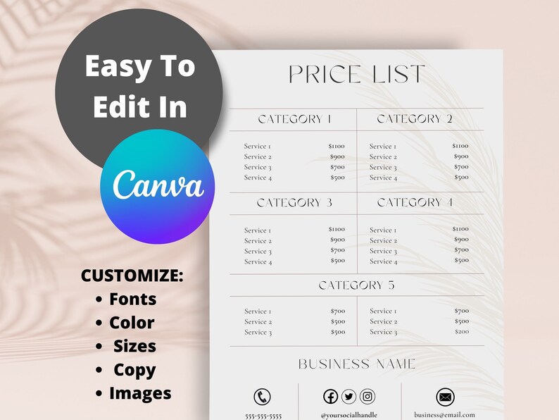 Editable Price List Template Sign for Small Business, Boho Small ...